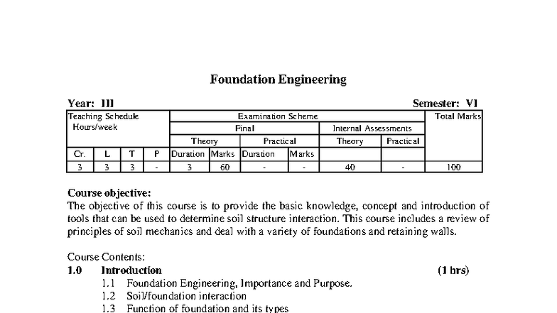 BE Civil 6th Sem: Foundation Engineering Course Syllabus - Studocu