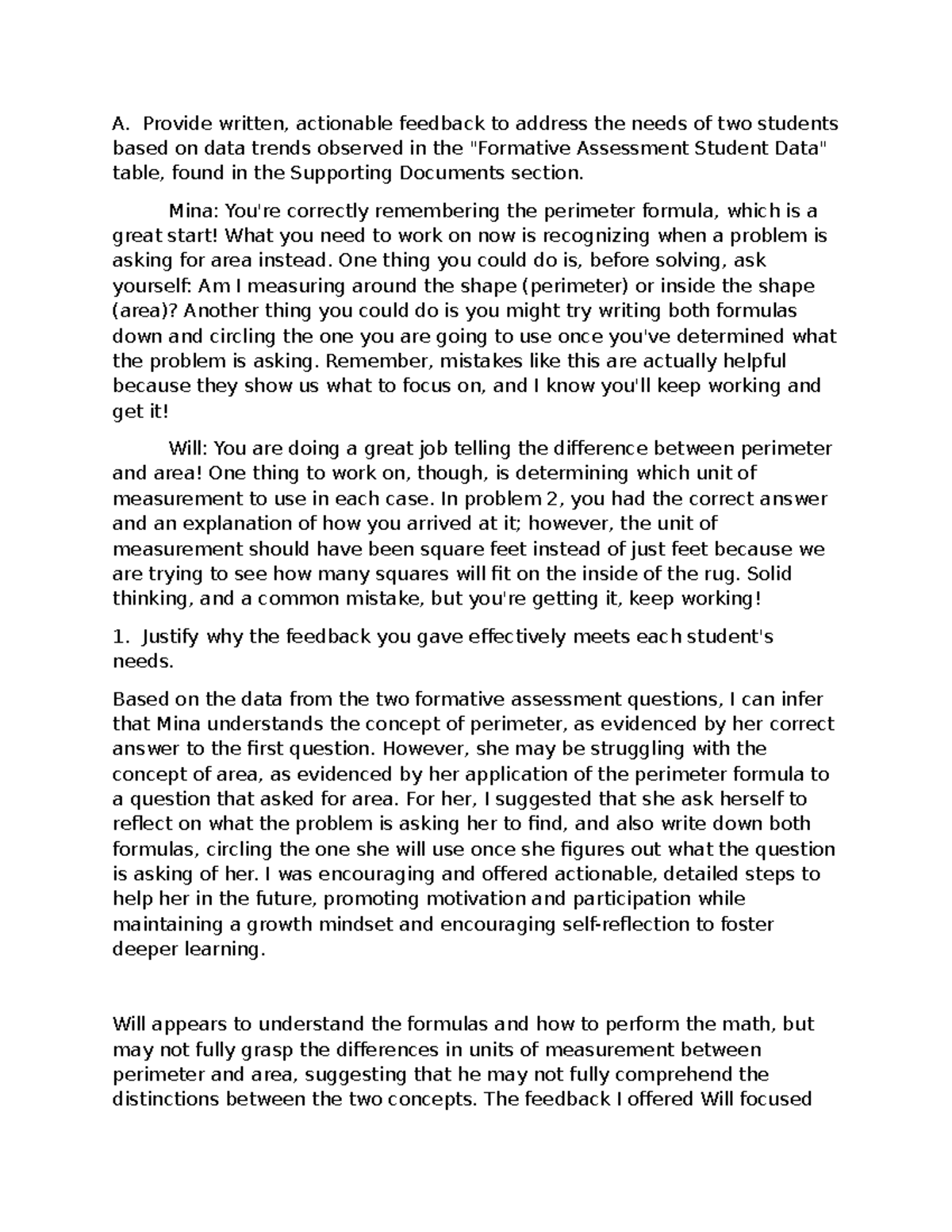 Task 1 D659 - Student Feedback on Perimeter and Area Understanding ...