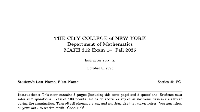 Sample Exam 1 - MATH 212 Fall 2025 - Studocu