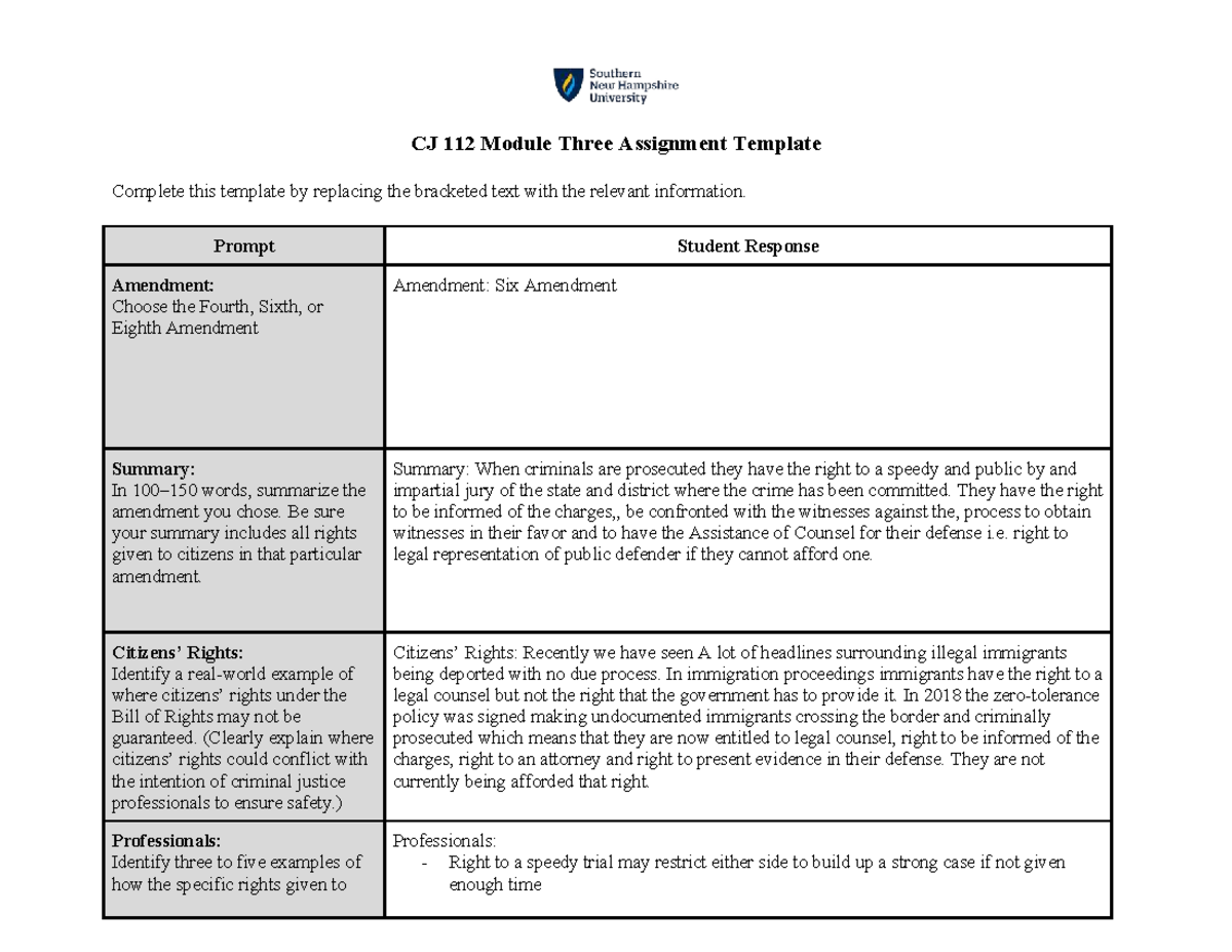 CJ 112 Module 3 Assignment: Analyzing Amendments and Rights - Studocu