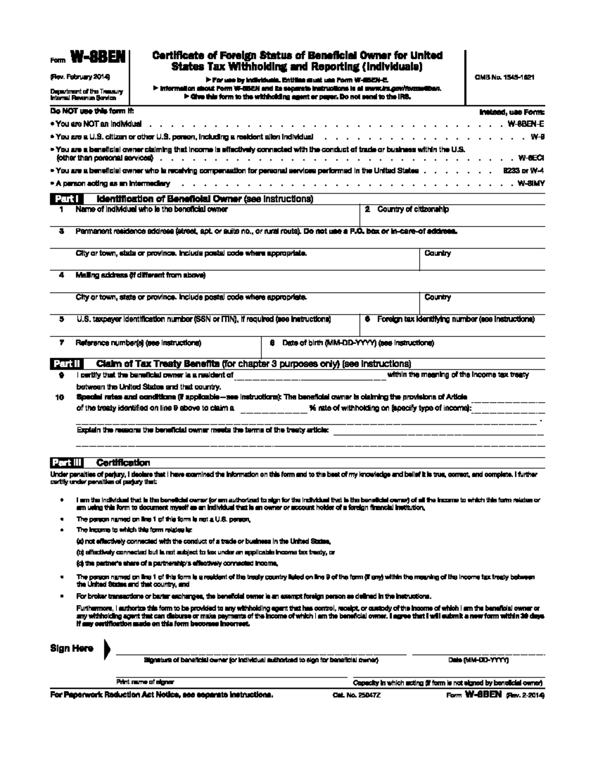 W8-BEN Form Notes for Foreign Status Certification - Studocu