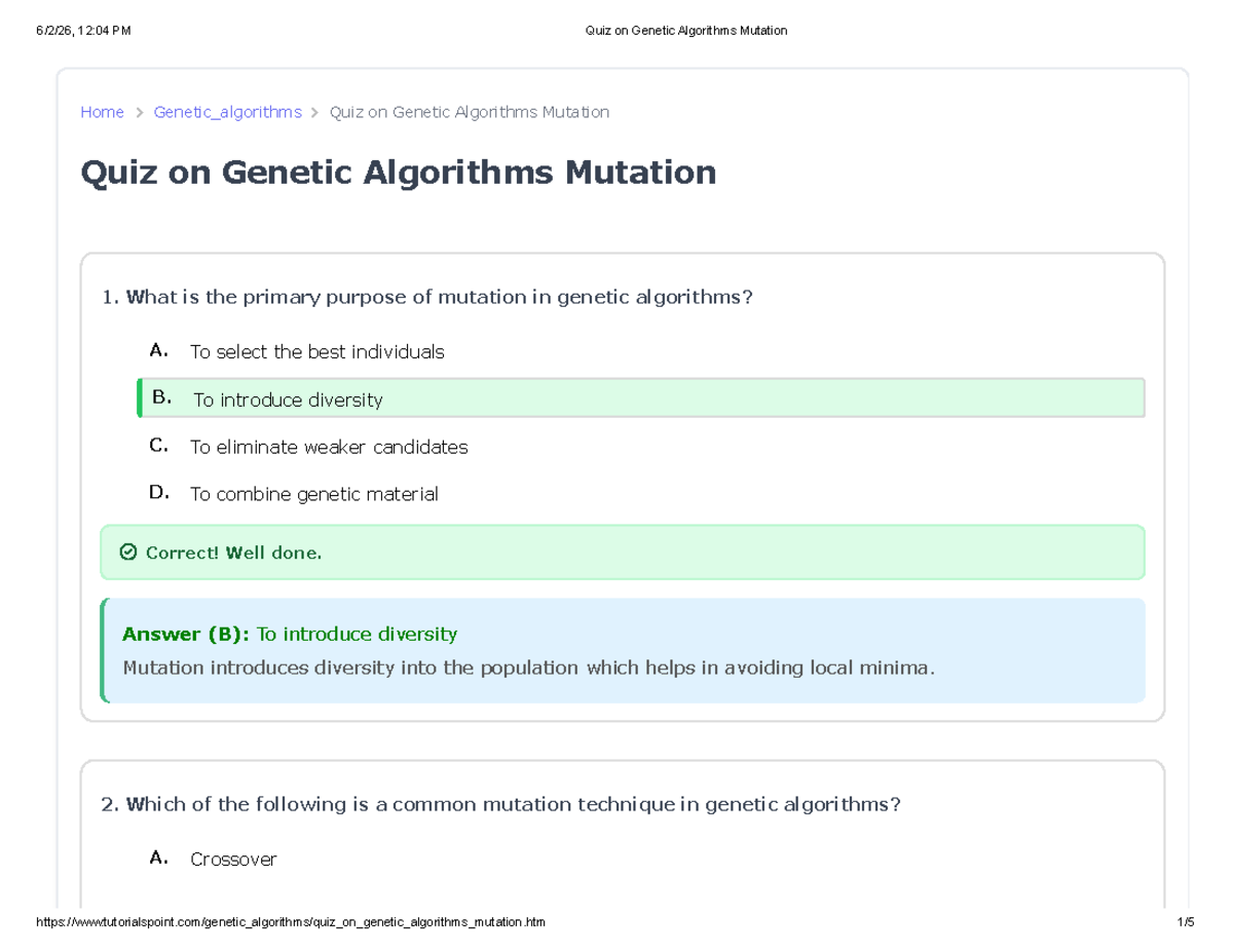 GEN 101: Home Quiz on Genetic Algorithms Mutation - Studocu