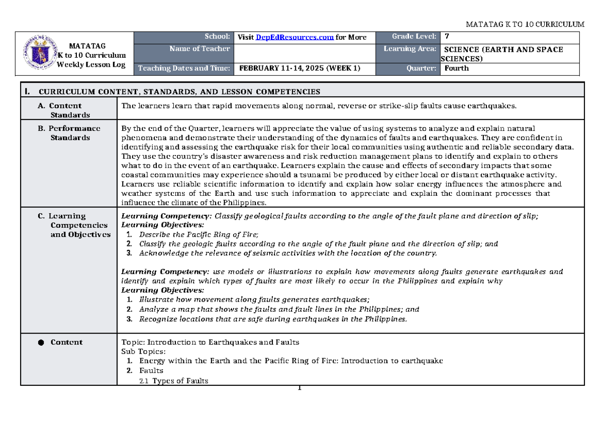 DLL Matatag Science 7 Q4 W1: Earthquakes and Faults Lesson Plan - Studocu