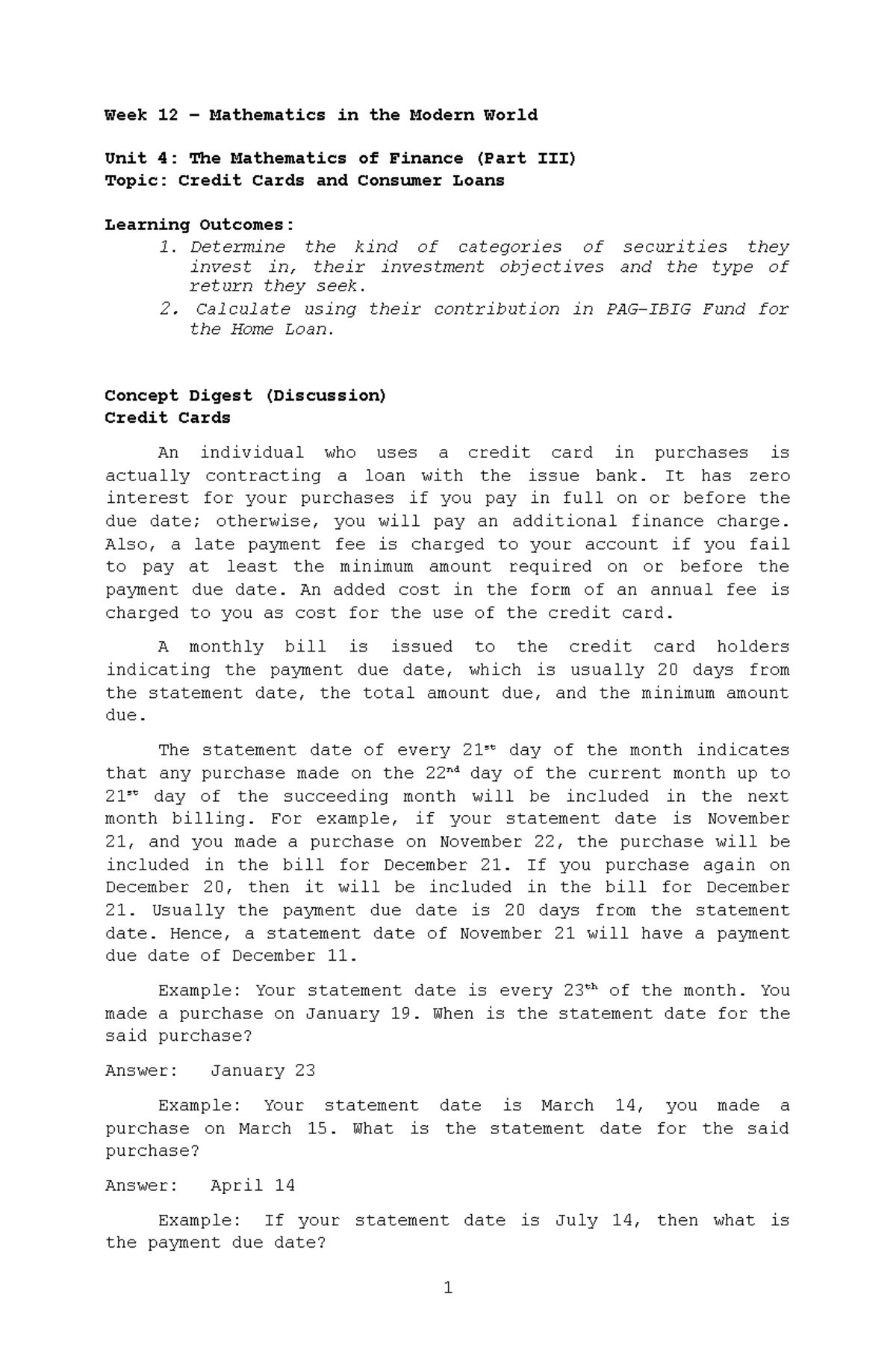 Mathematics of Finance Part III: Credit Cards & Loans (Week 12) - Studocu