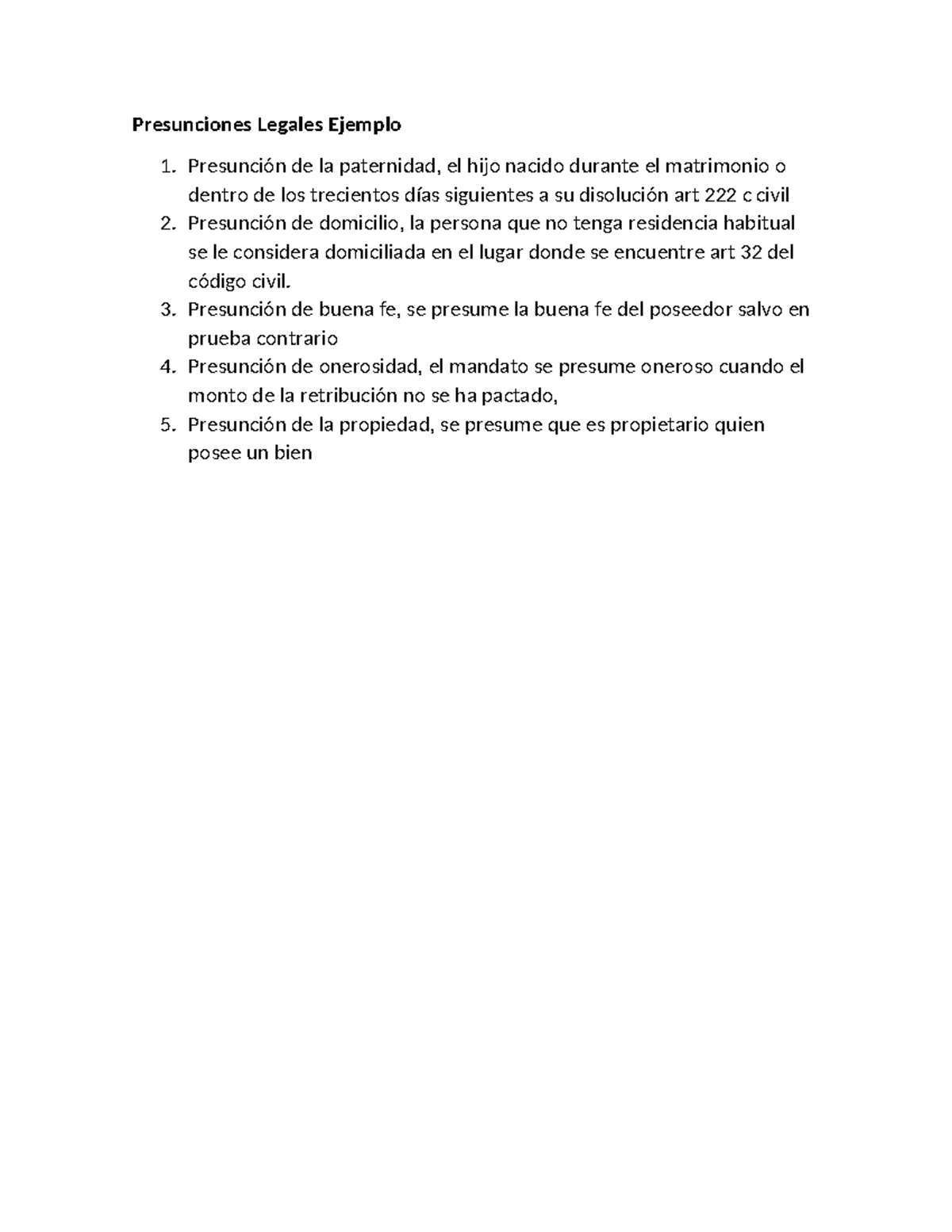 Ejemplo de Presunciones Legales en Derecho Civil - Studocu