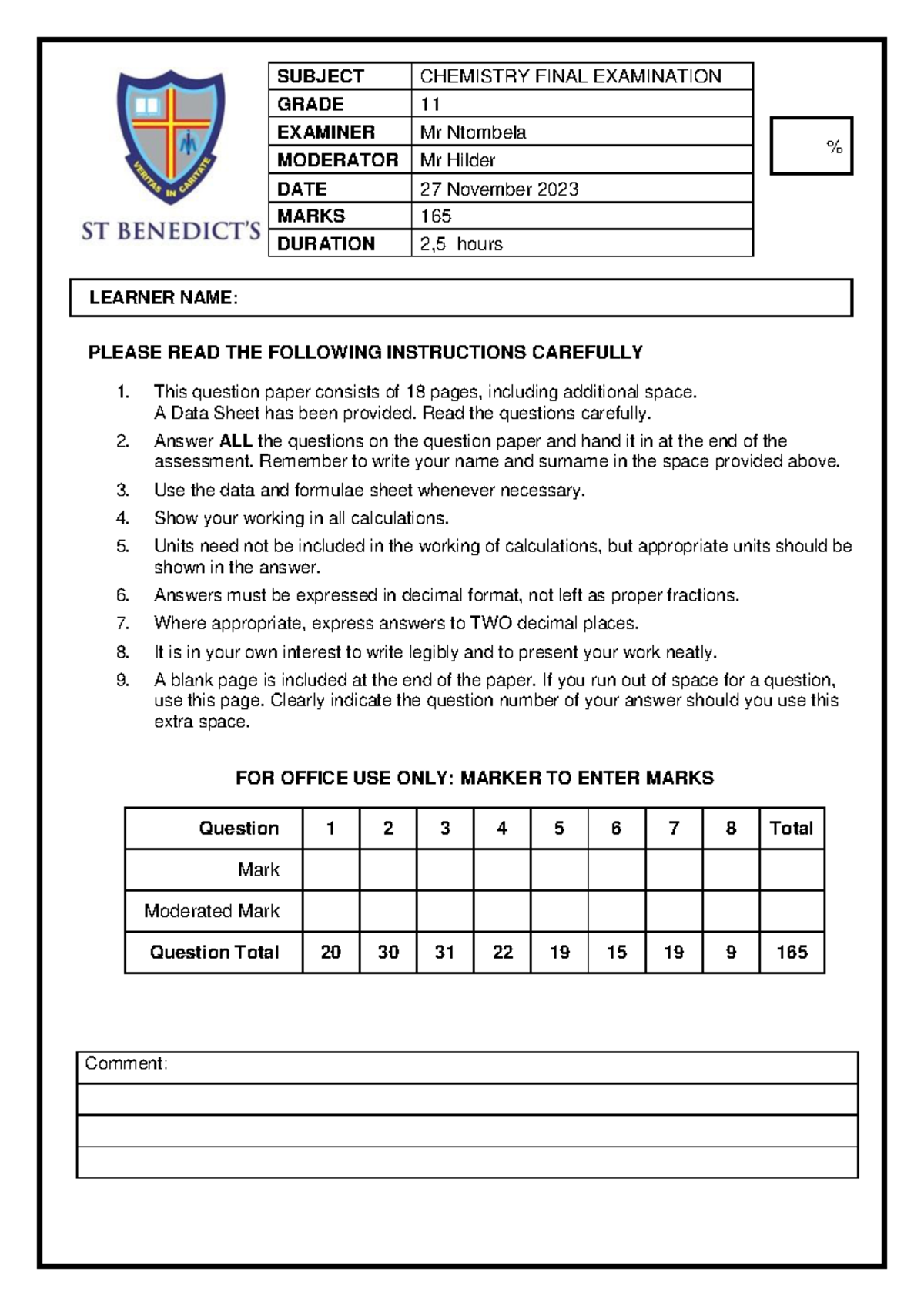 PS11 - Chemistry Final Exam November 2023 - Question Paper - Studocu