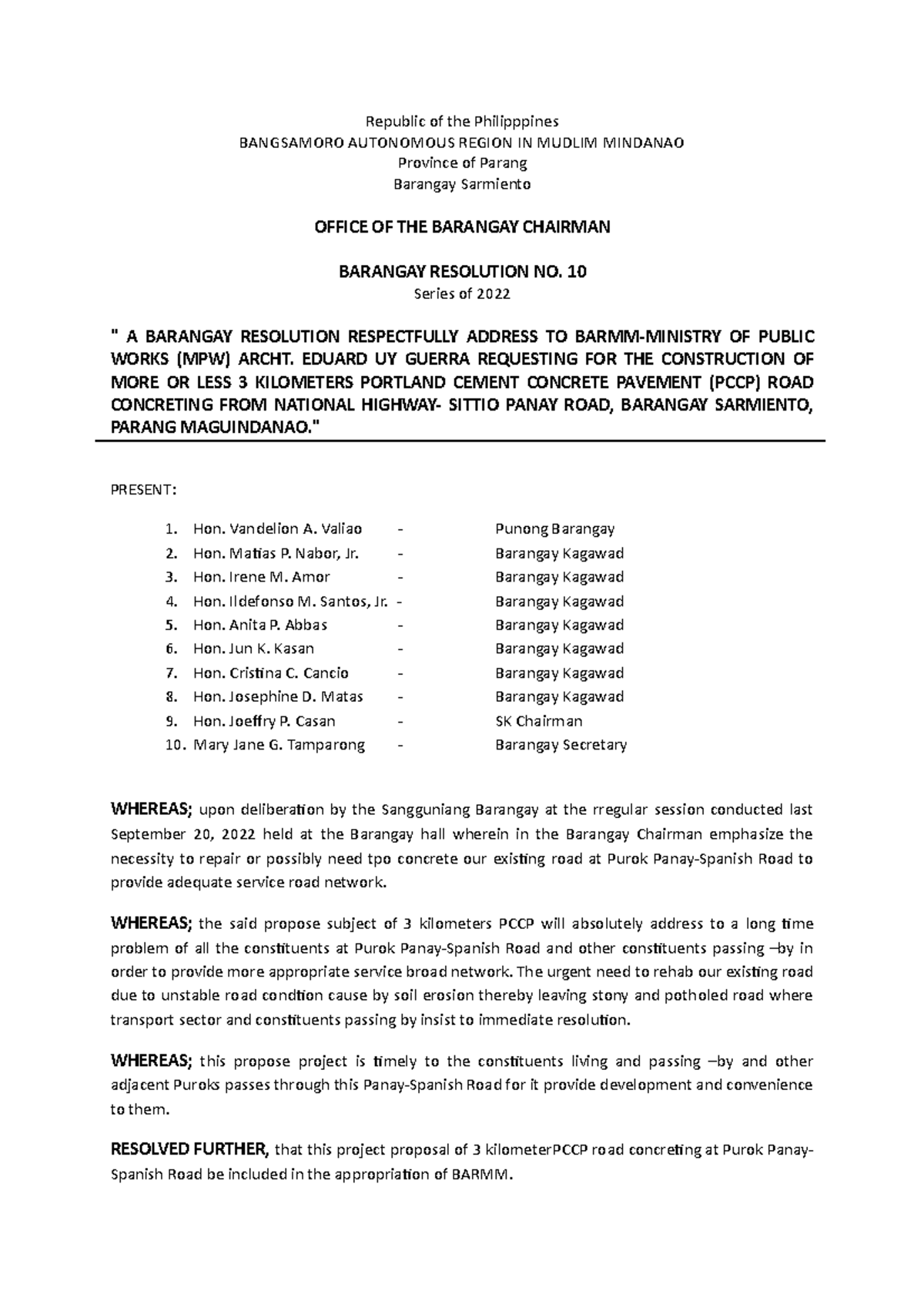 Barangay Resolution No. 10: Request for 3km PCCP Road Construction ...