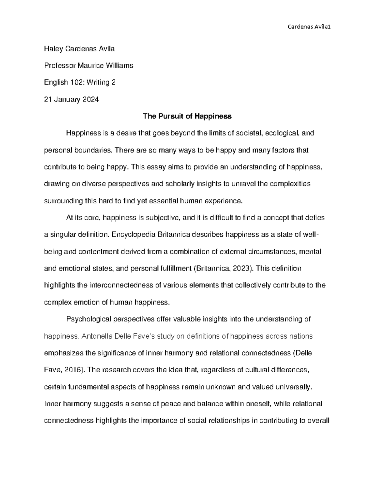 The Pursuit of Happiness Final Draft - Haley Cardenas Avila Professor ...