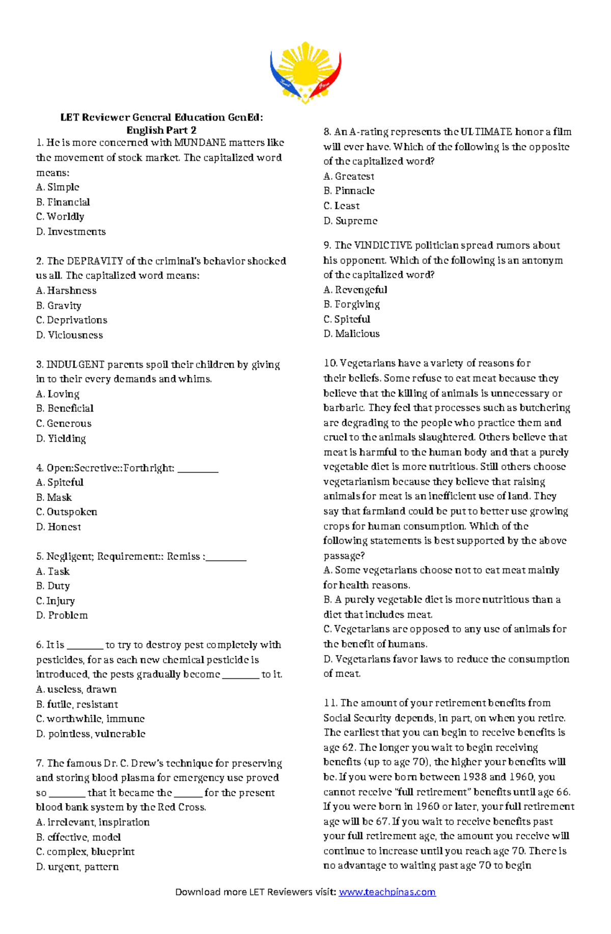 LET reviewer general education GenEd: English part 2 practice questions ...