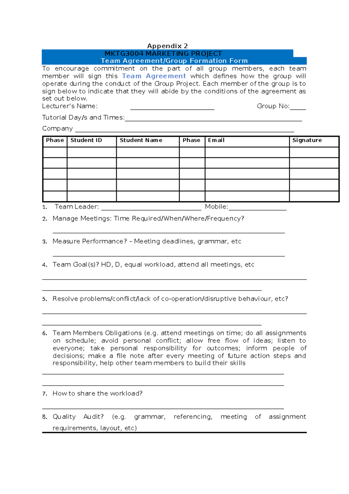 MKTG3004 Team Agreement Form for Group Project Collaboration - Studocu
