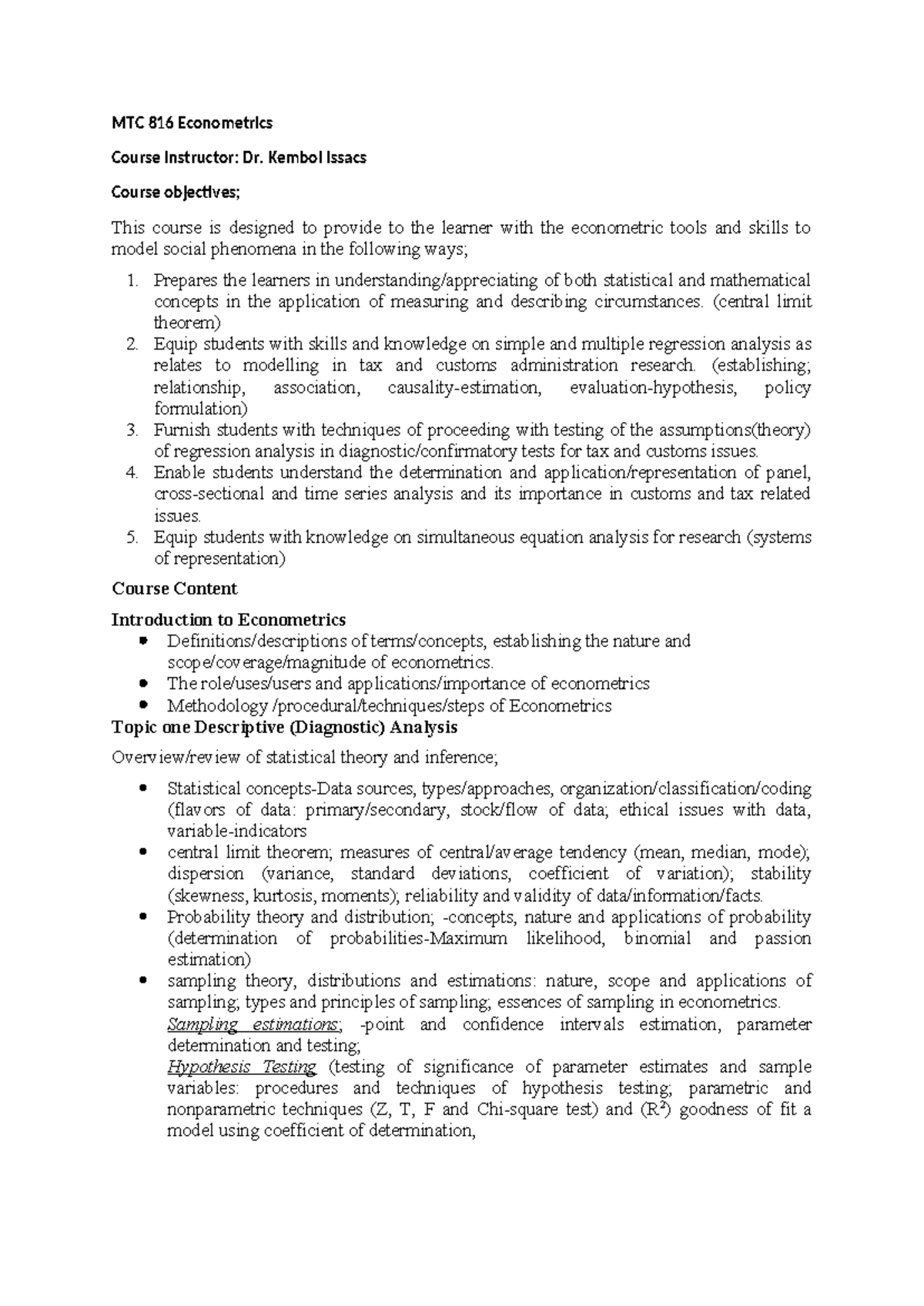 MTC 816 Econometrics Course Outline and Learning Objectives - Studocu
