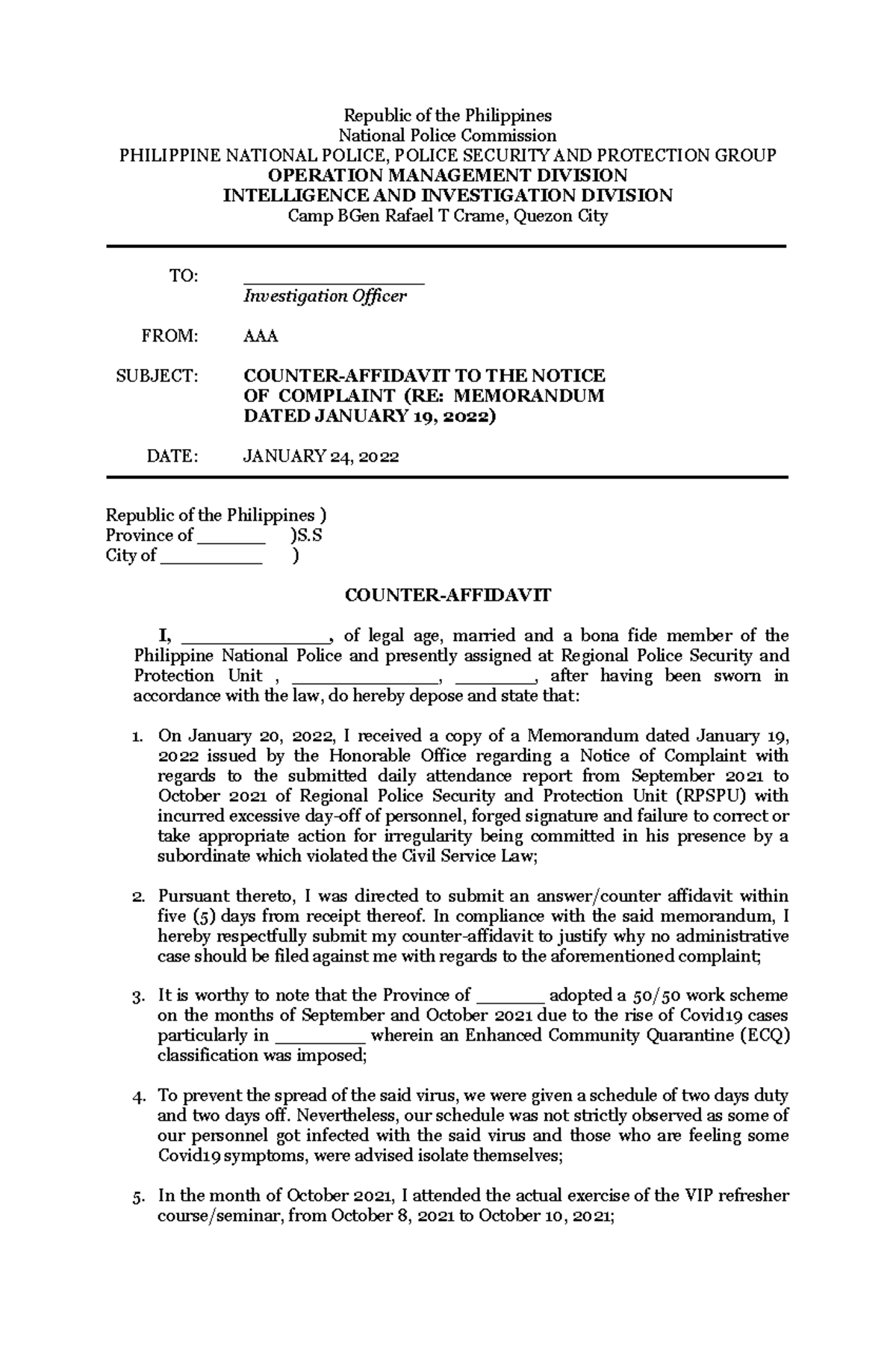PNP Counter Affidavit Submission: Response to Notice/Complaint - Studocu