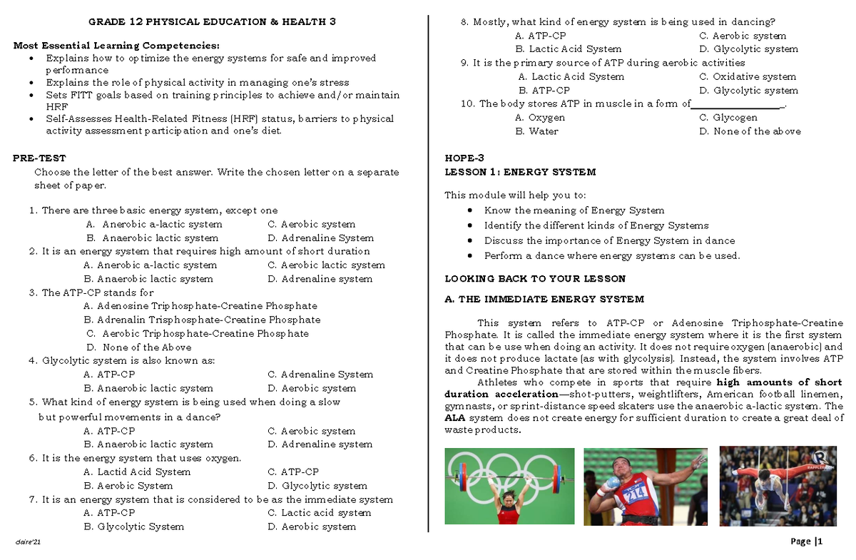 PE Health 3 Module Q1 Module 1 Claire L - GRADE 12 PHYSICAL EDUCATION & HEALTH 3 Most Essential ...