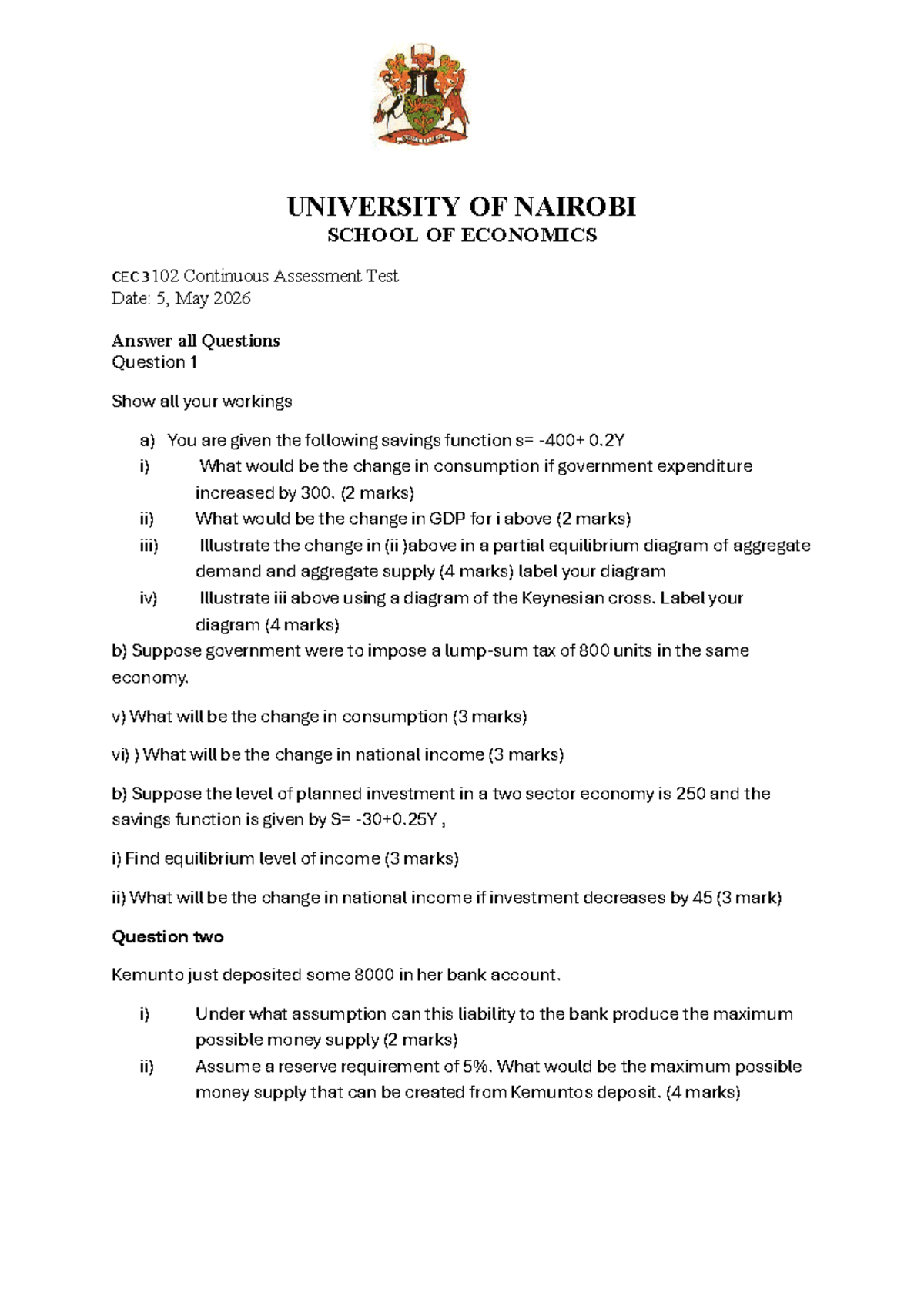CAT CEC 3102 May 2026: Macroeconomics Continuous Assessment Test - Studocu