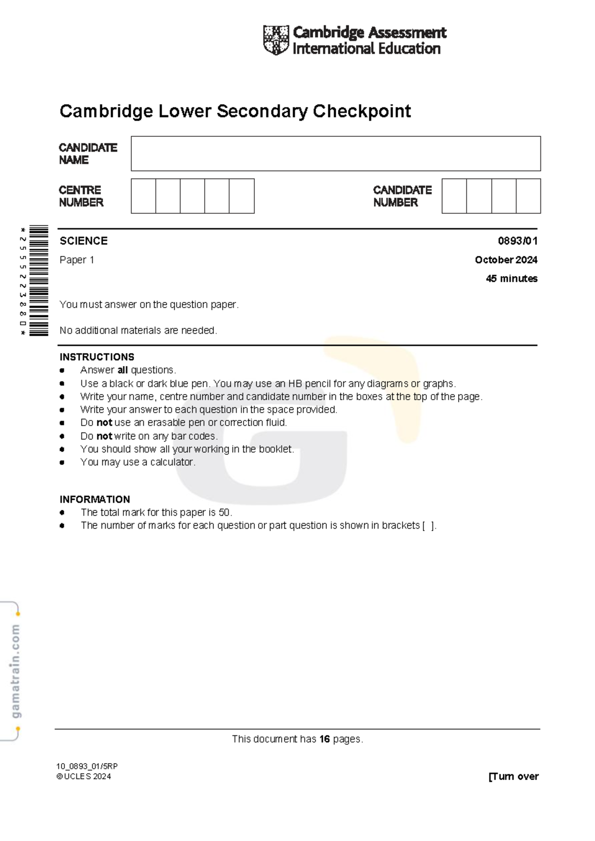 Cambridge Lower Secondary Checkpoint SCIENCE Paper 1 QP October 2024 ...