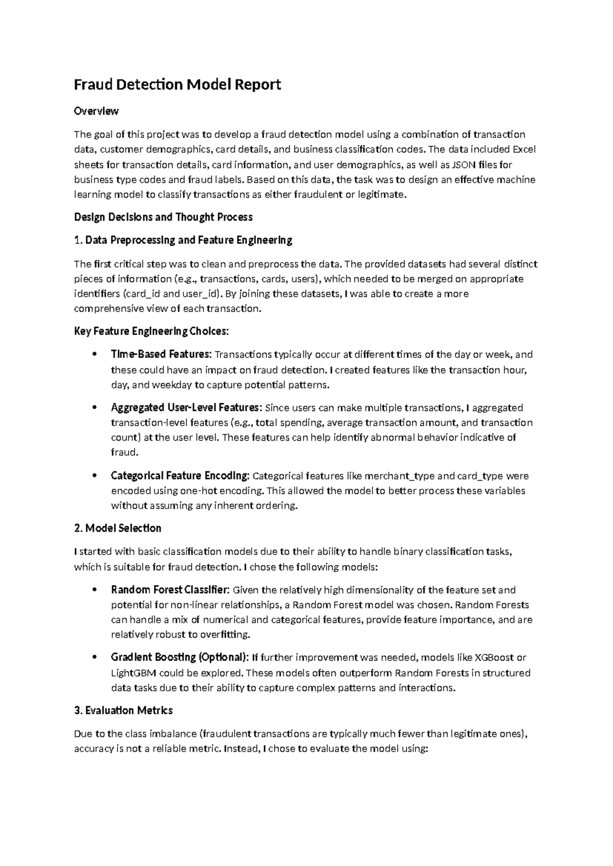 Fraud Detection Model Report (CS 101: Final Project Overview) - Studocu