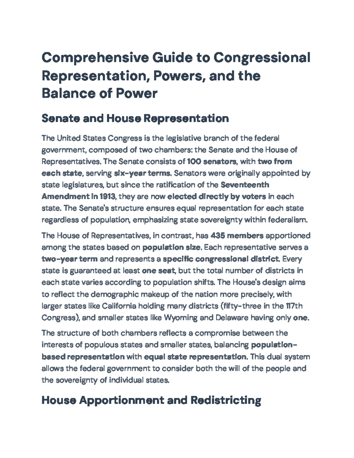 Comprehensive Overview of Congressional Powers & Representation ...