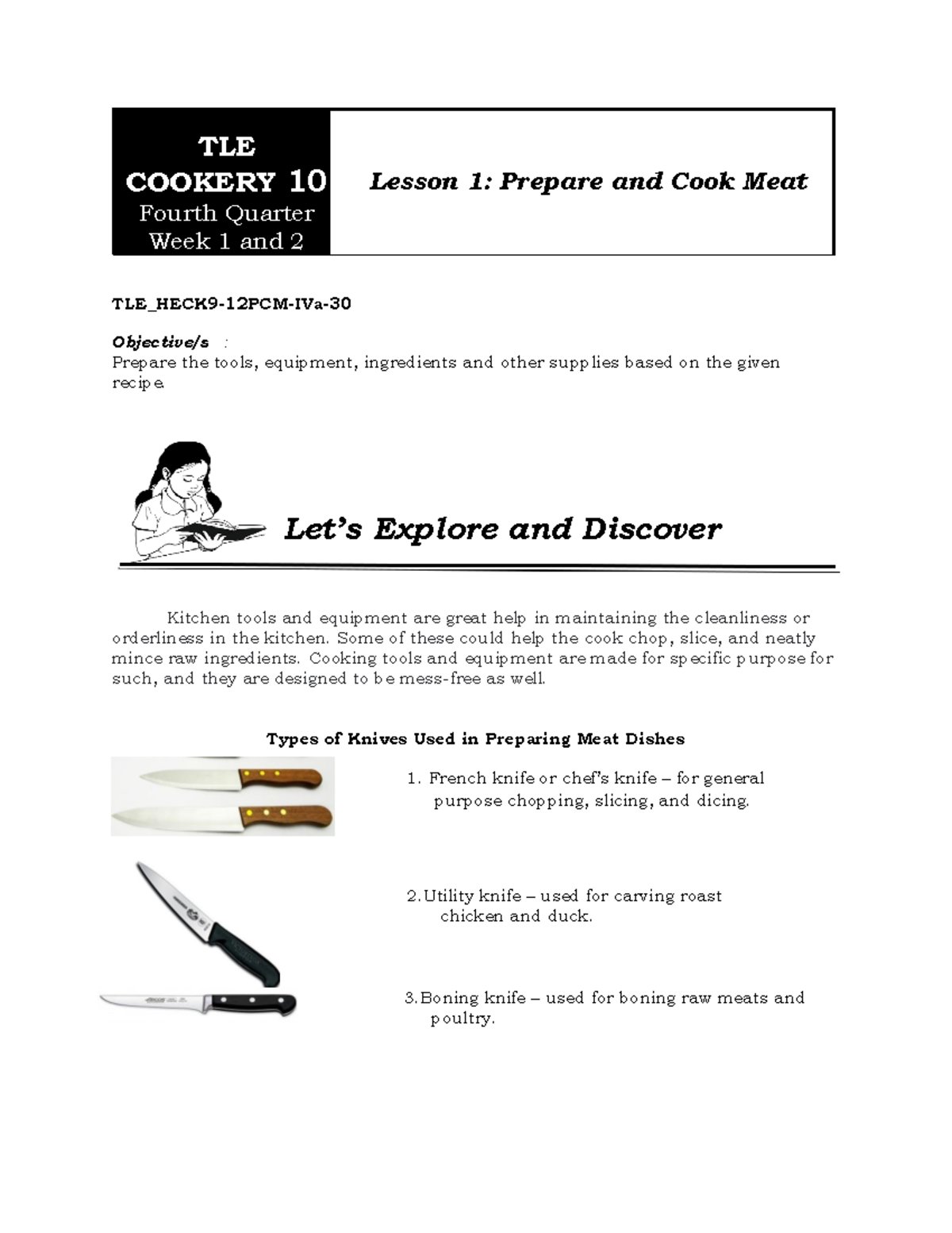 Cookery 10 - 12 Week 1 & 2 Activity Sheets: Meat Preparation Tools ...