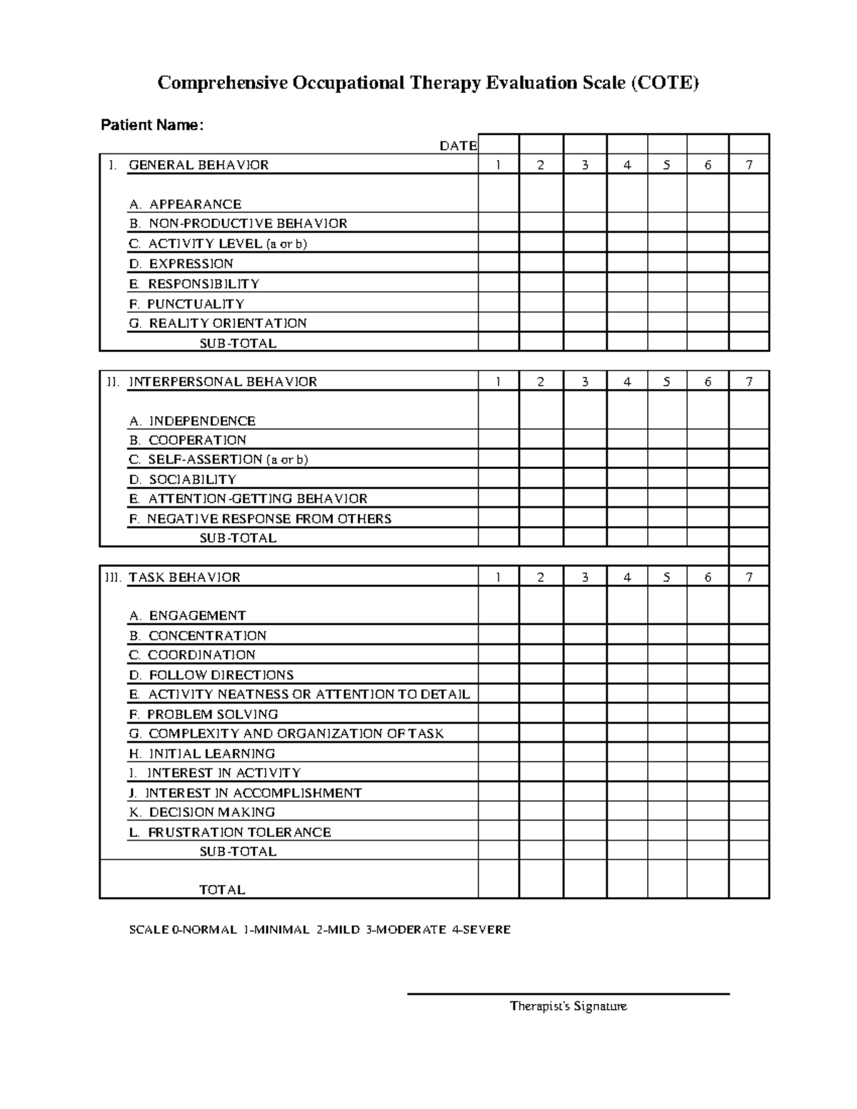 COTE Scale - Comprehensive Occupational Therapy Evaluation Scale (COTE ...