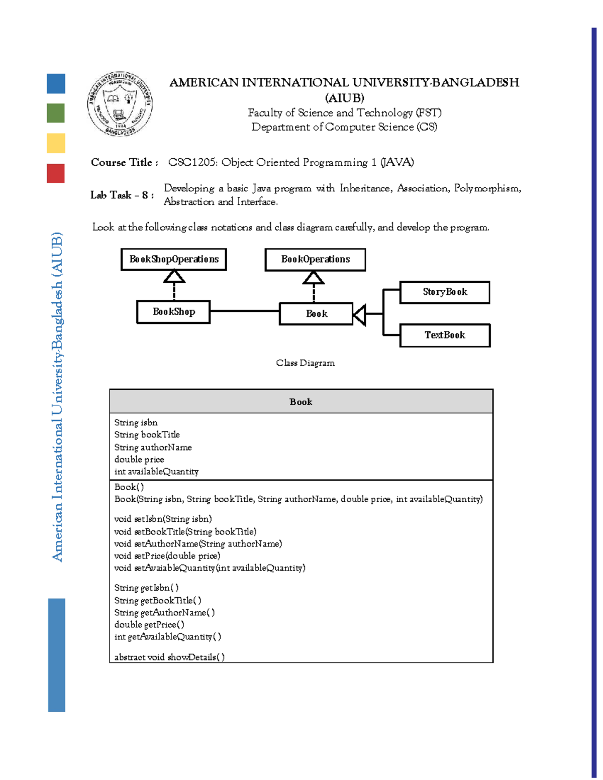 CSC1205: OOP1 Lab Task 8 - Java Program with Inheritance & Polymorphism ...