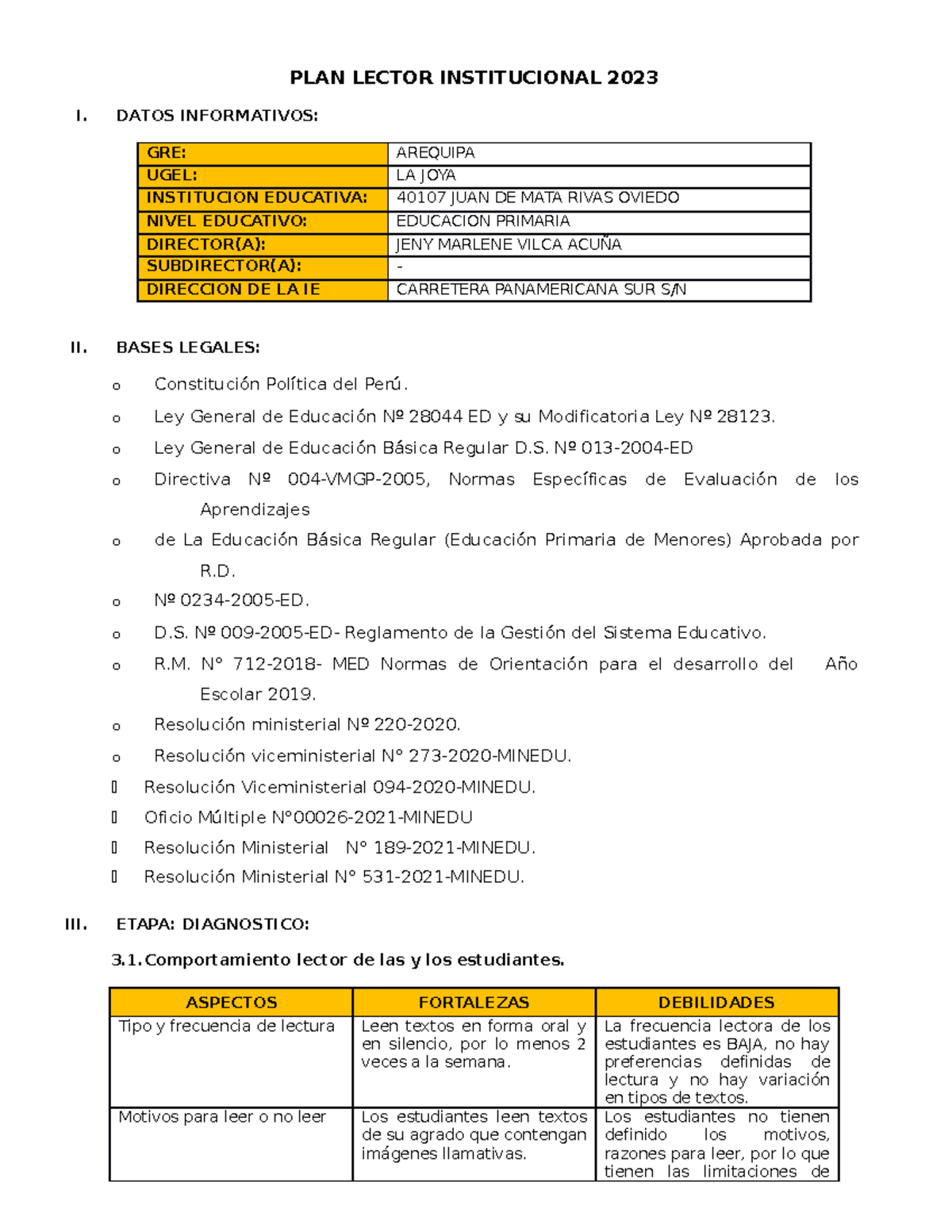 Esquema DE PLAN Lector 2023 - PLAN LECTOR INSTITUCIONAL 2023 I. DATOS INFORMATIVOS: GRE ...