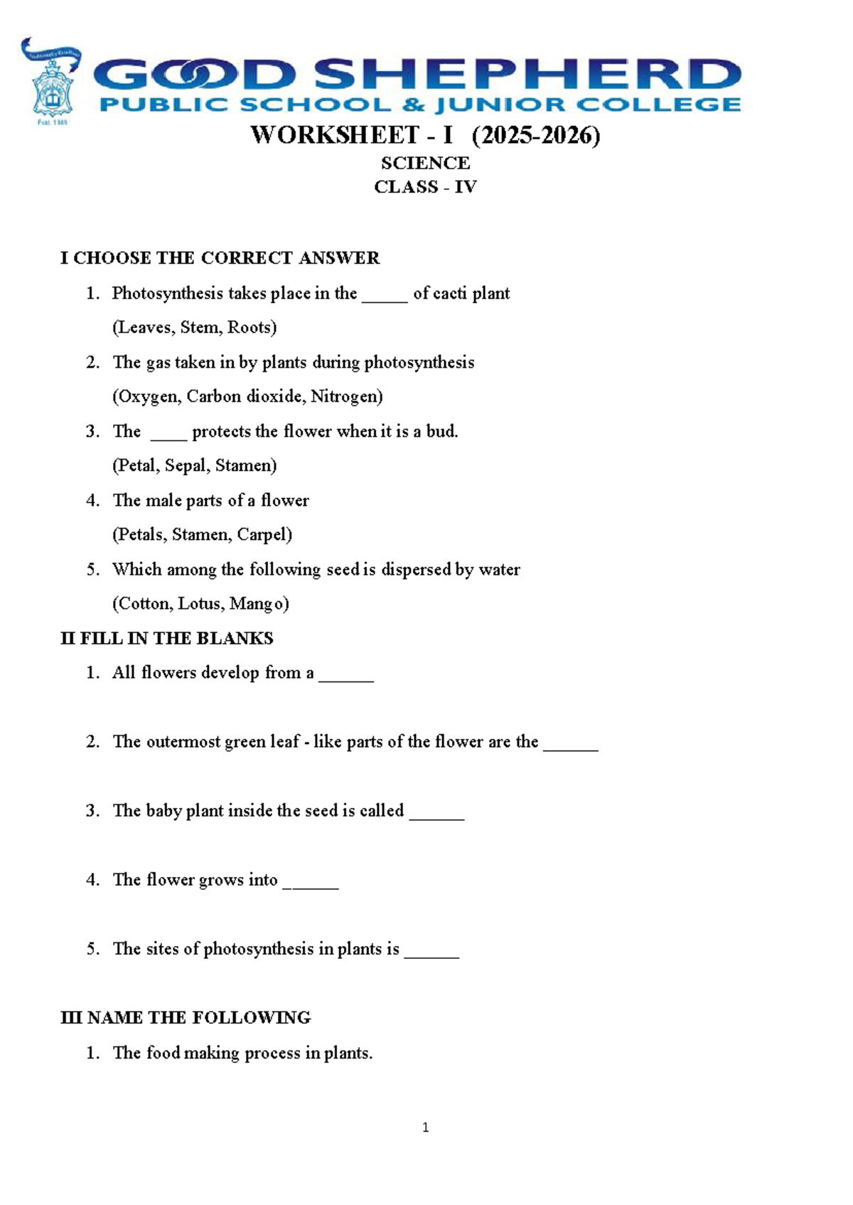 Worksheet I: Science Class IV - Photosynthesis & Flower Anatomy - Studocu