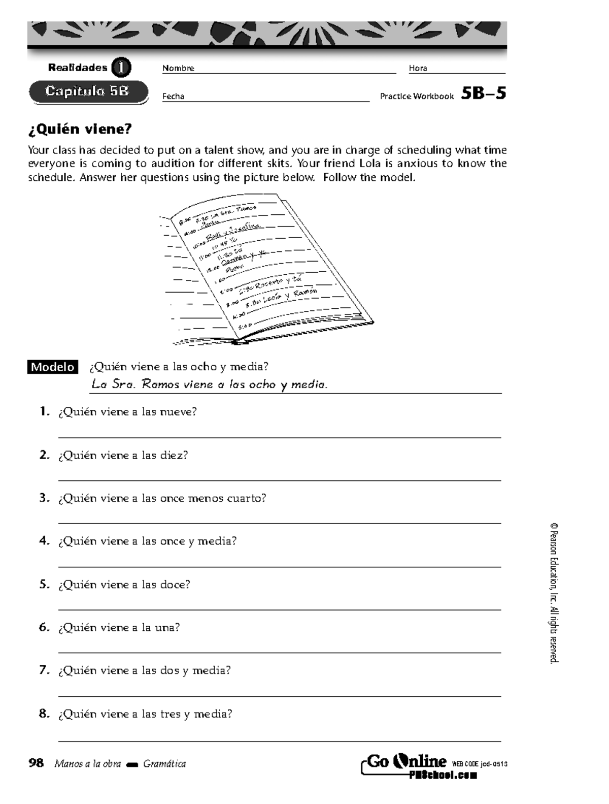 SP 5B– Answer Key for "¿Quién viene?" Schedule Practice - Studocu