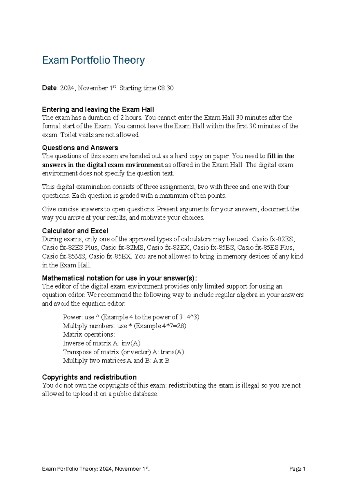Exam Portfolio Theory: Final Exam Guidelines and Solutions - Studeersnel