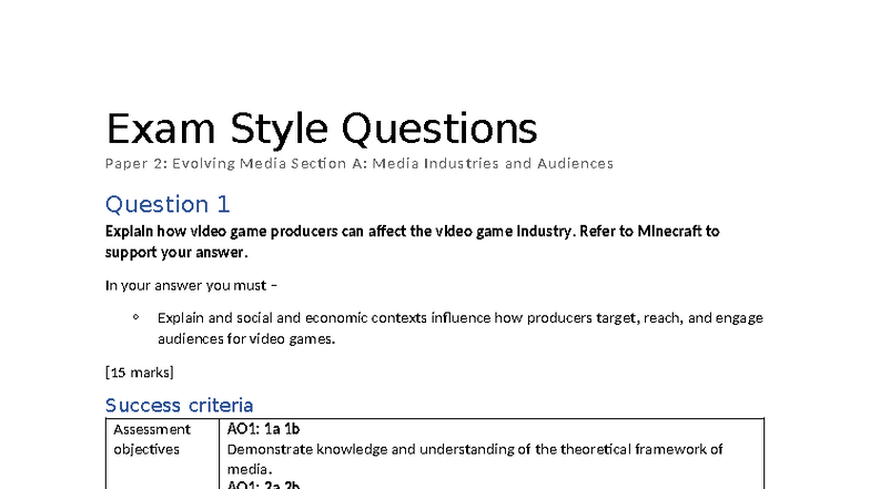 Exam-Style Questions Paper 2: Media Industries & Audiences - Studocu