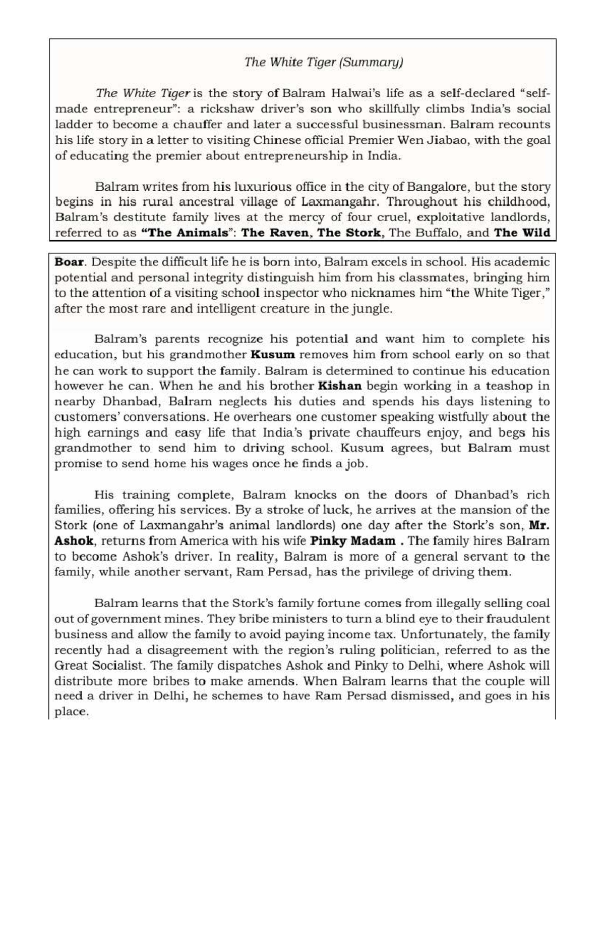 The White Tiger (Summary) - 4th Quarter PT 1 Lesson for Grade 11 - Studocu