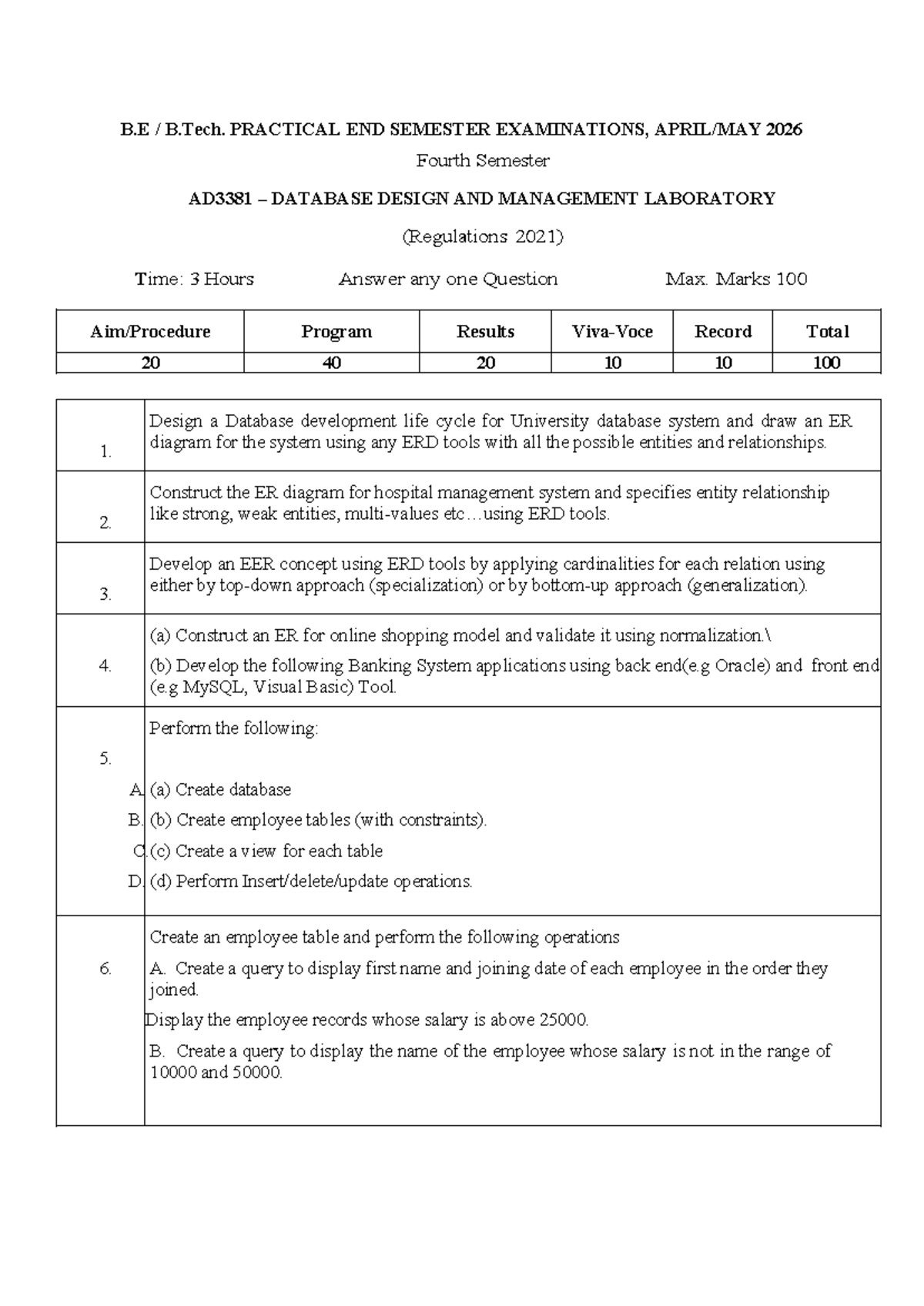 AD3381 DATABASE DESIGN AND MANAGEMENT LAB PRACTICAL EXAM QUESTIONS ...