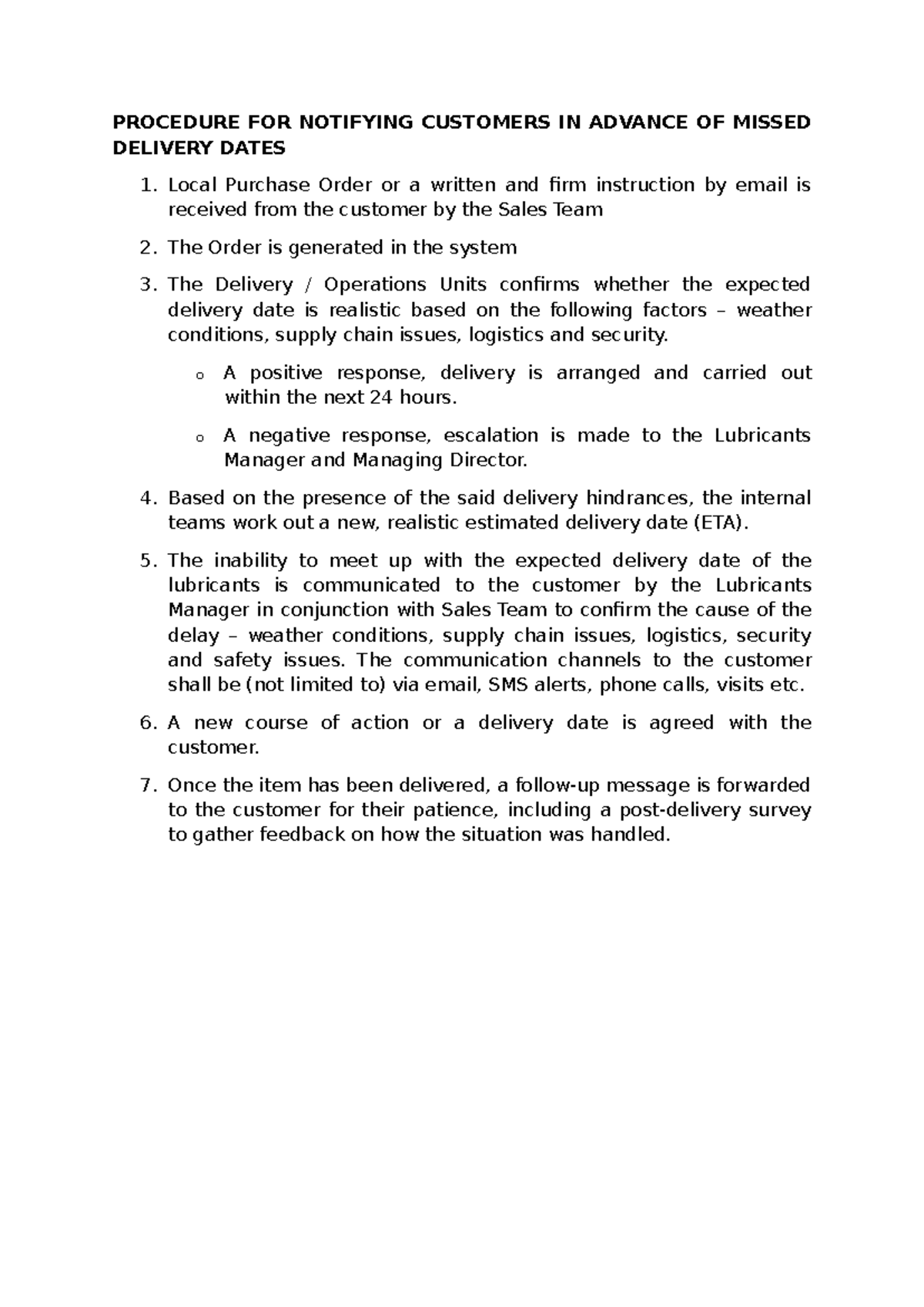 Procedure for Notifying Customers of Missed Delivery Dates - Studocu