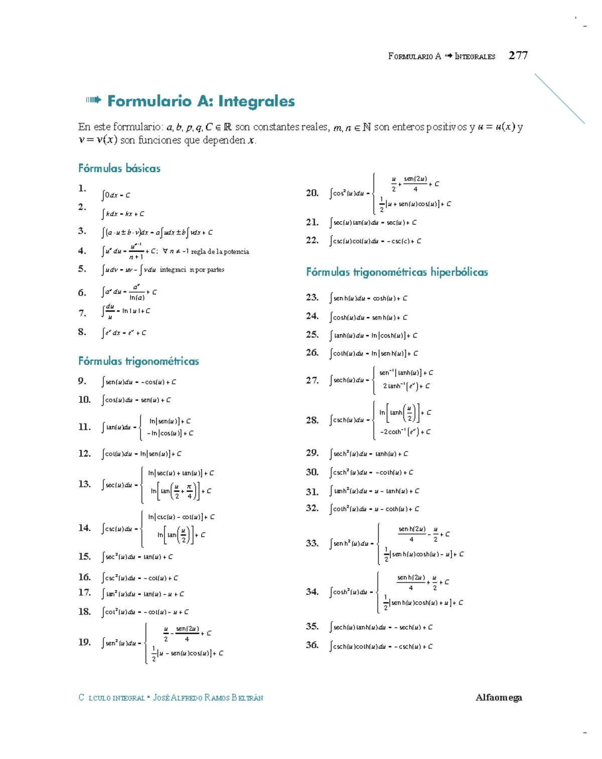 Formulario A: Integrales y fórmulas de cálculo integral - Studocu