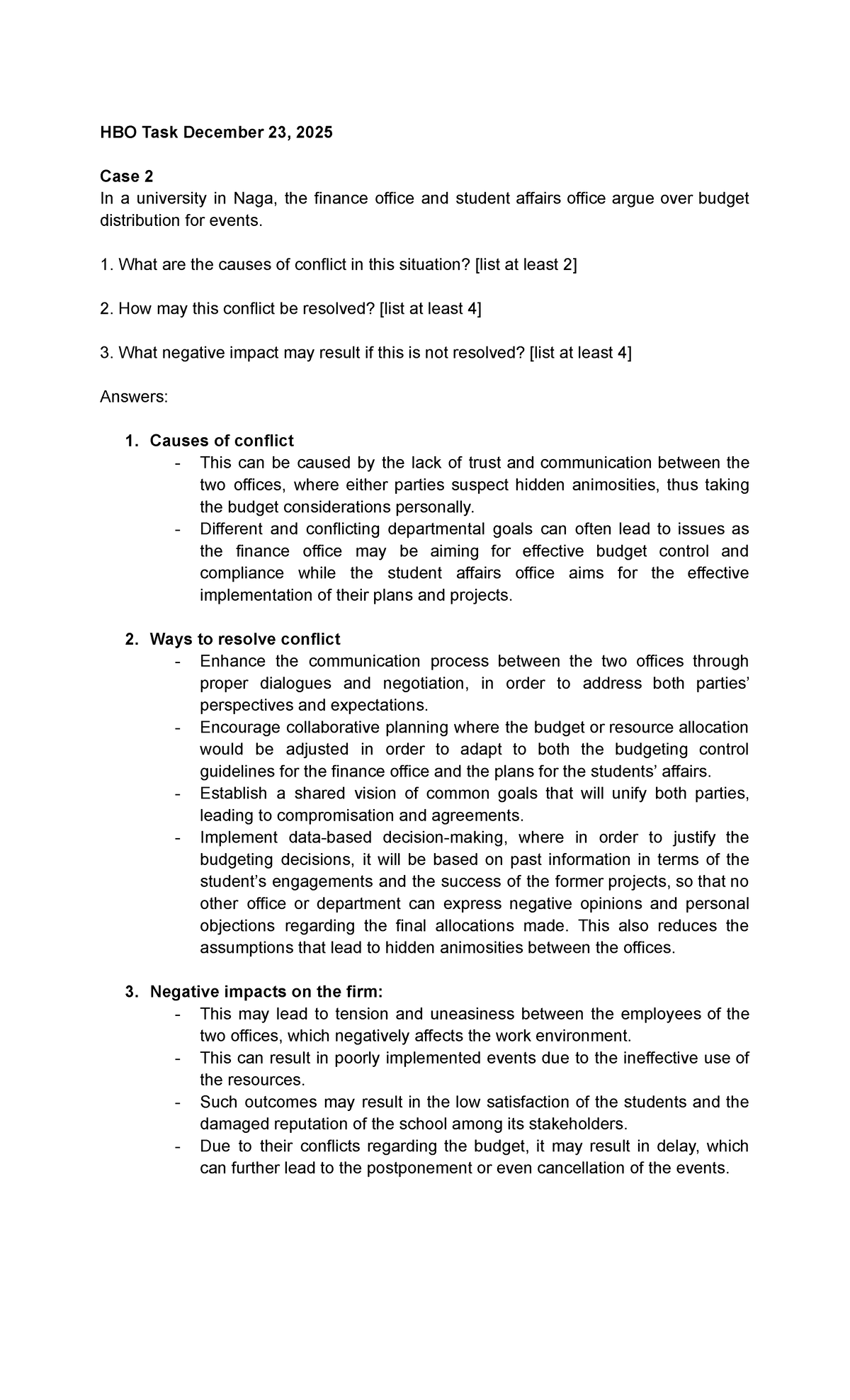 HBO Case 2 - Conflict Resolution in Budget Distribution - Studocu