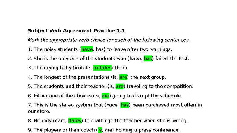 Subject Verb Agreement Practice (1) - Exercises and Answers - Studocu