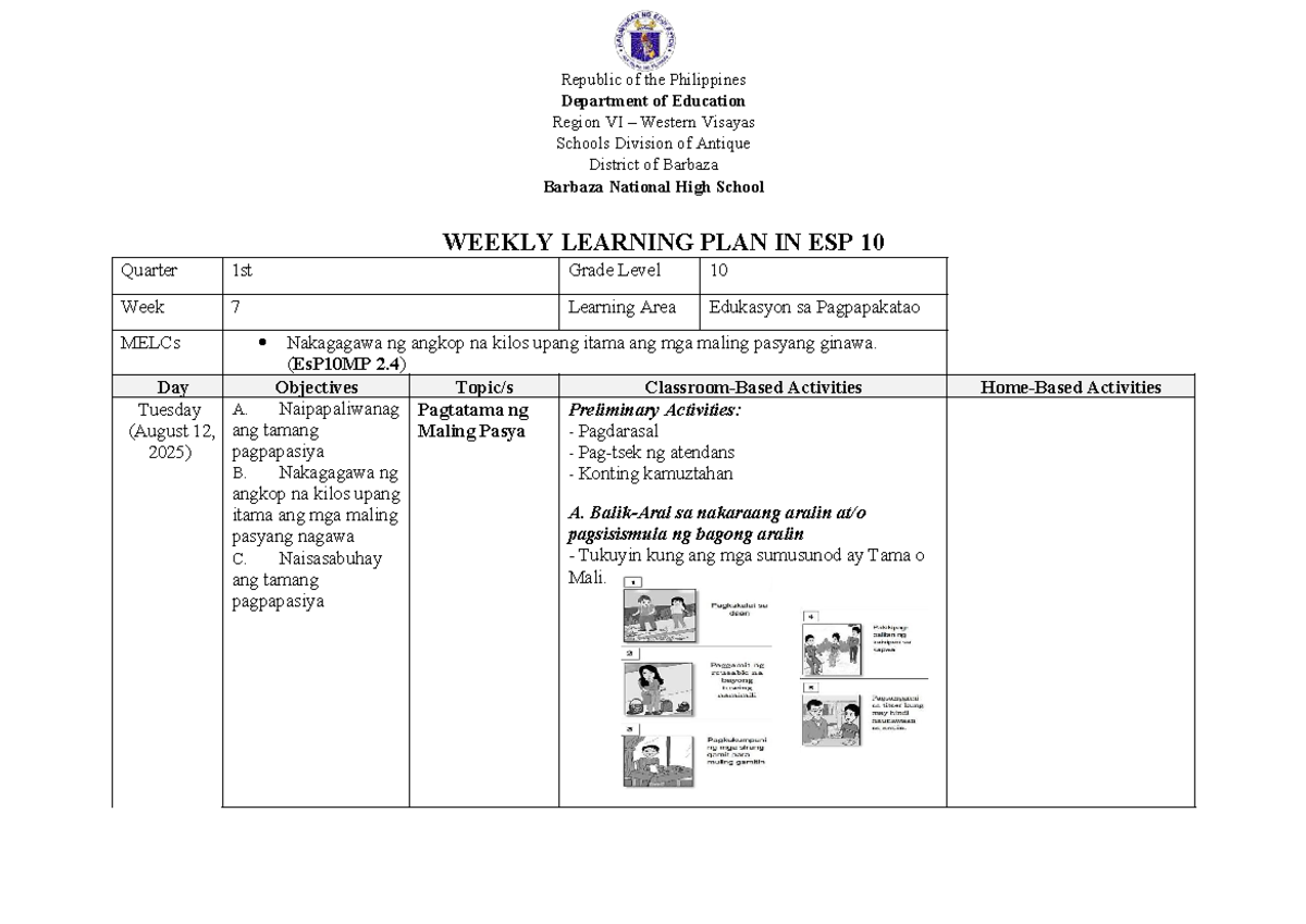 ESP 10 Week 7 Learning Plan: Pagtatama ng Maling Pasya - Studocu