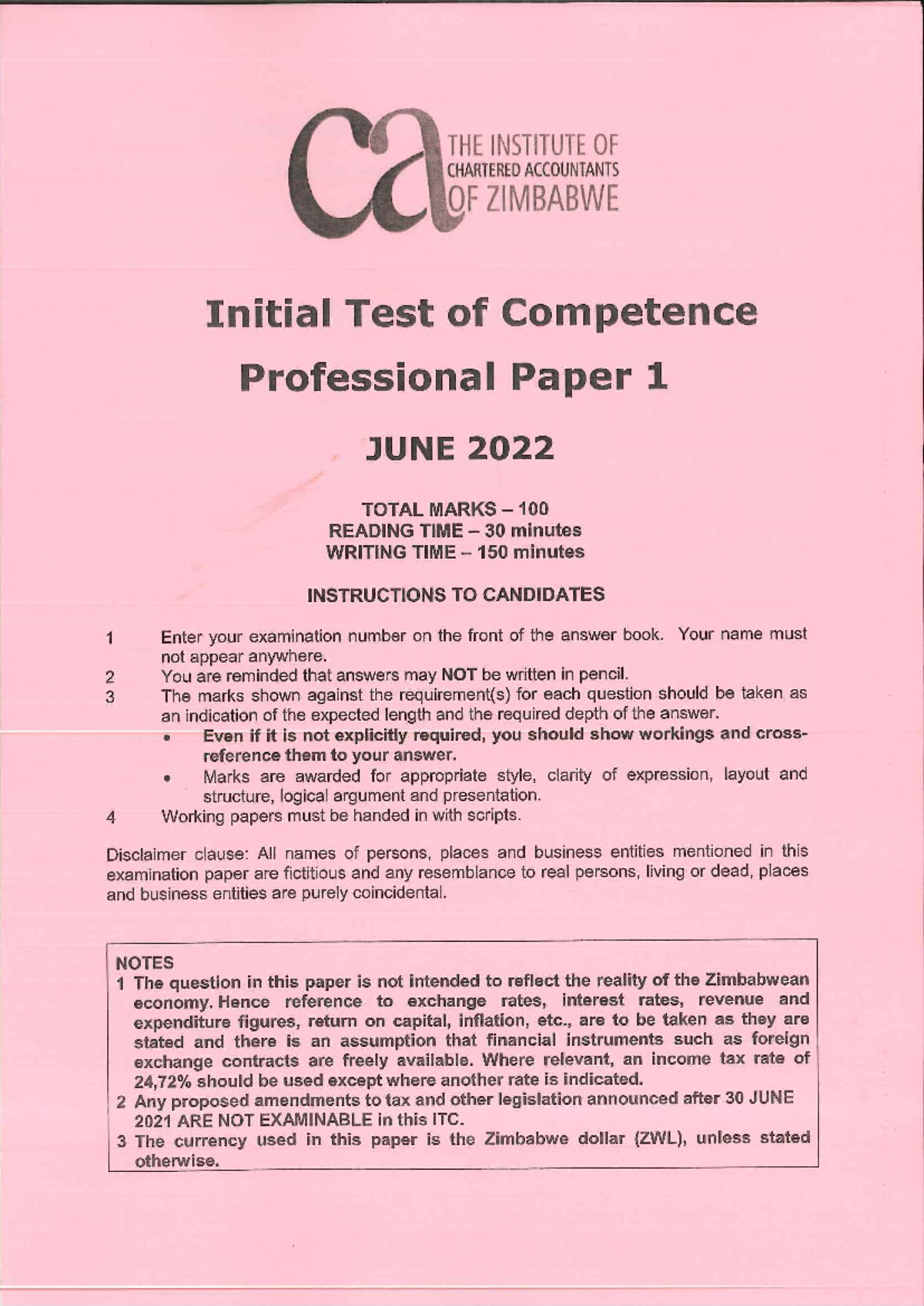 ITC 2022: Professional Paper 1 - Initial Test of Competence Exam ...