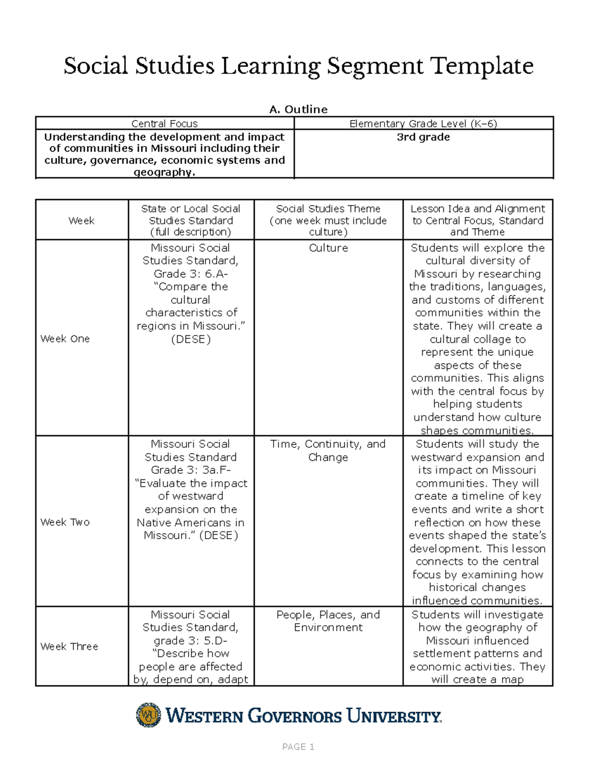 Missouri Social Studies Learning Segment Template for Grade 3 - Studocu