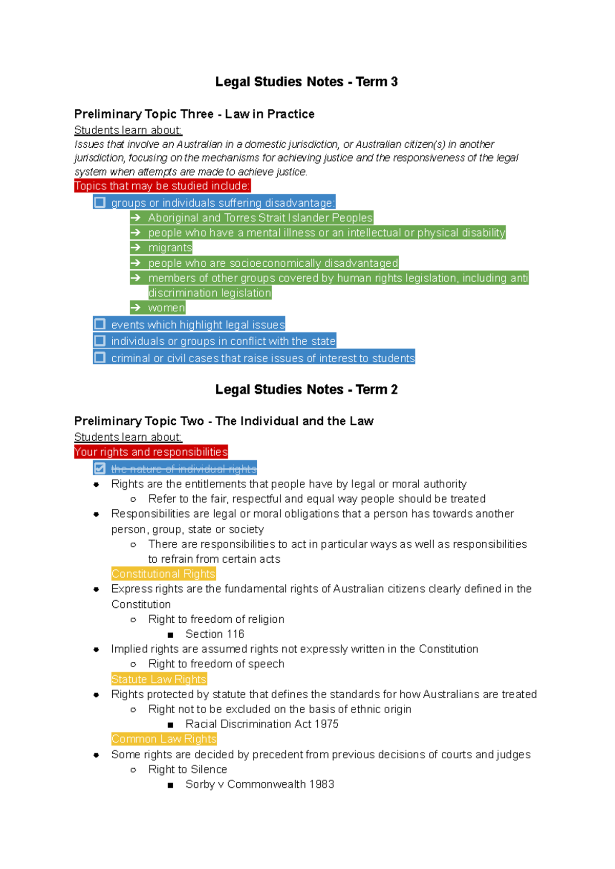 Year 11 Preliminary Legal Studies Notes: Law in Practice and Rights ...