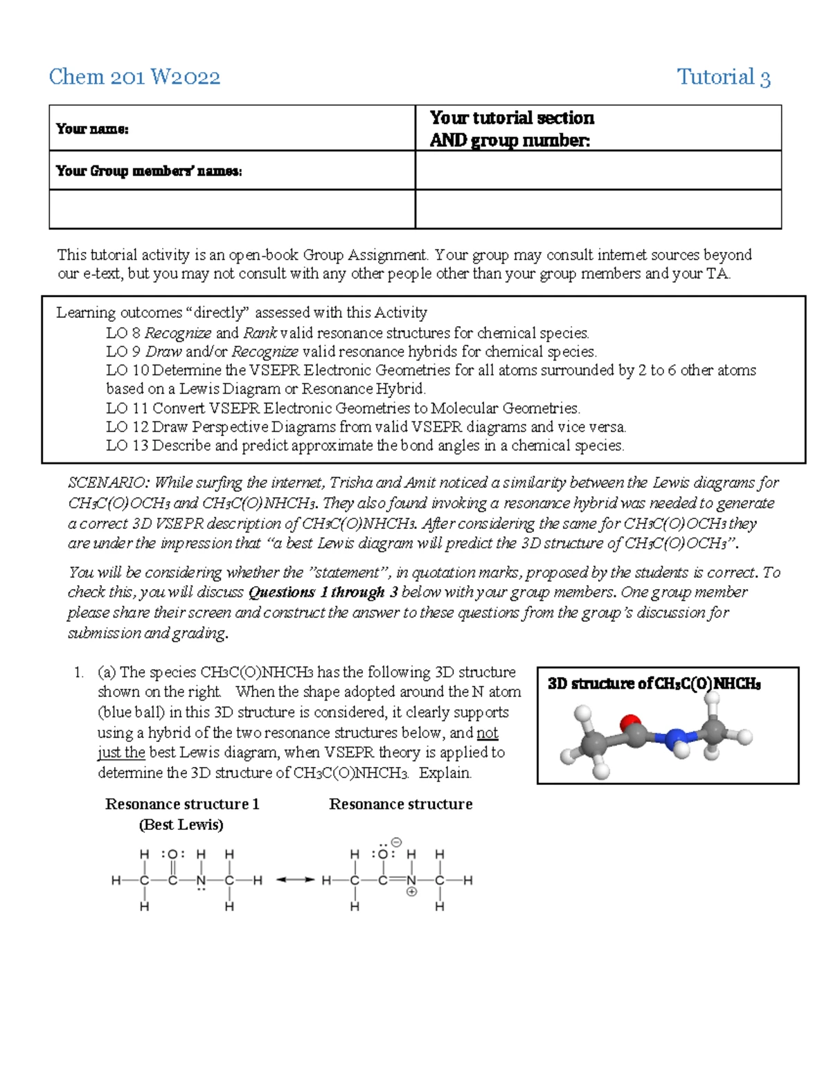 CHEM 203 Lab 1: Foundational Skills Activity Worksheet - Fall 2024 ...