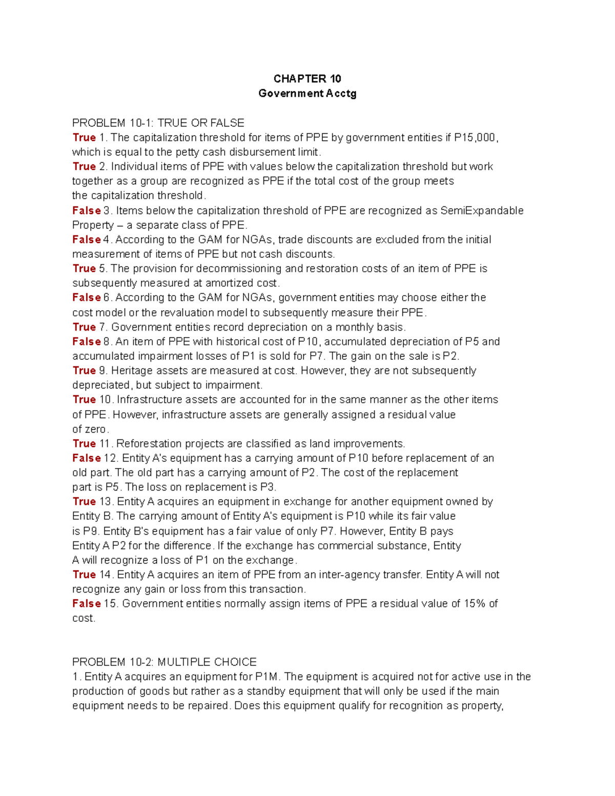 Gov. Acctg Chapter 10: True/False & Multiple Choice Problems - Studocu