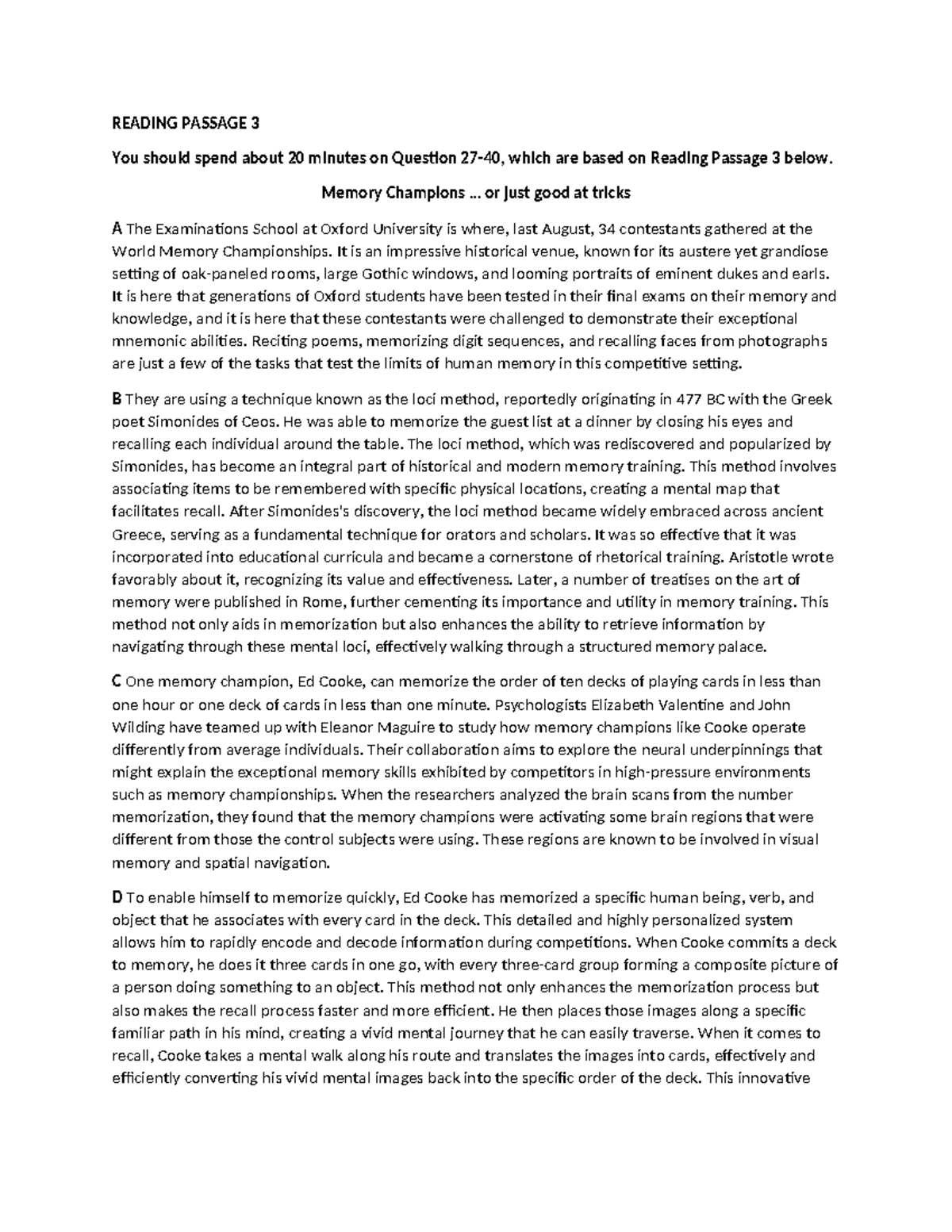Memory Champions: Techniques and Insights from Reading Passage 3 - Studocu