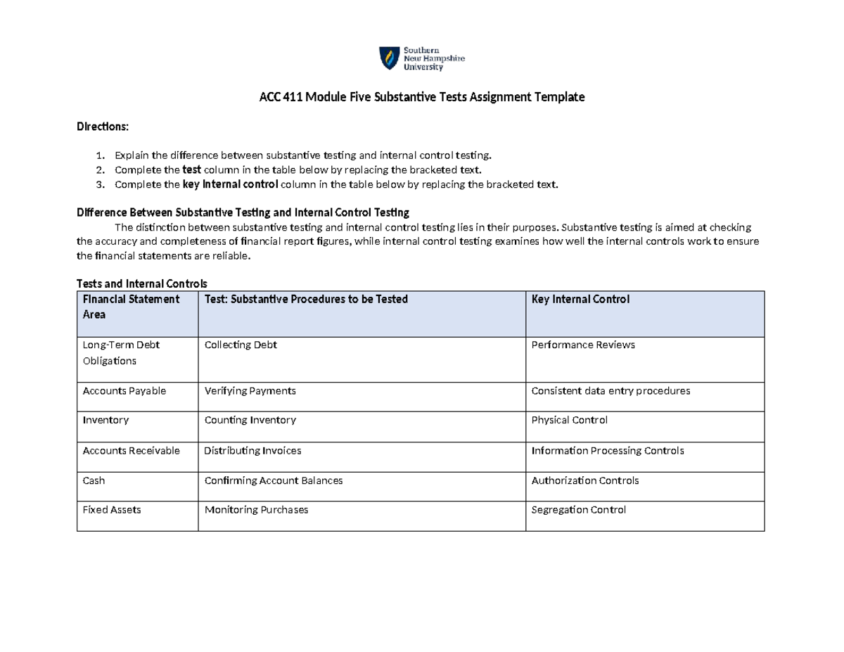 ACC 411 Module 5 Substantive vs. Internal Control Testing Guide - Studocu