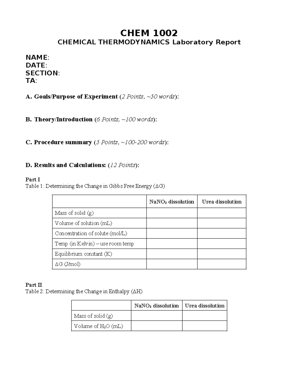 Chemical Thermodynamics Lab Report - CHEM 1002 Template - Studocu