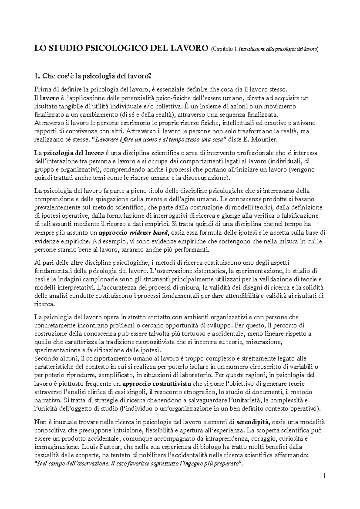 Psicologia del Lavoro: Introduzione e Storia (Capitolo 1) - Studocu