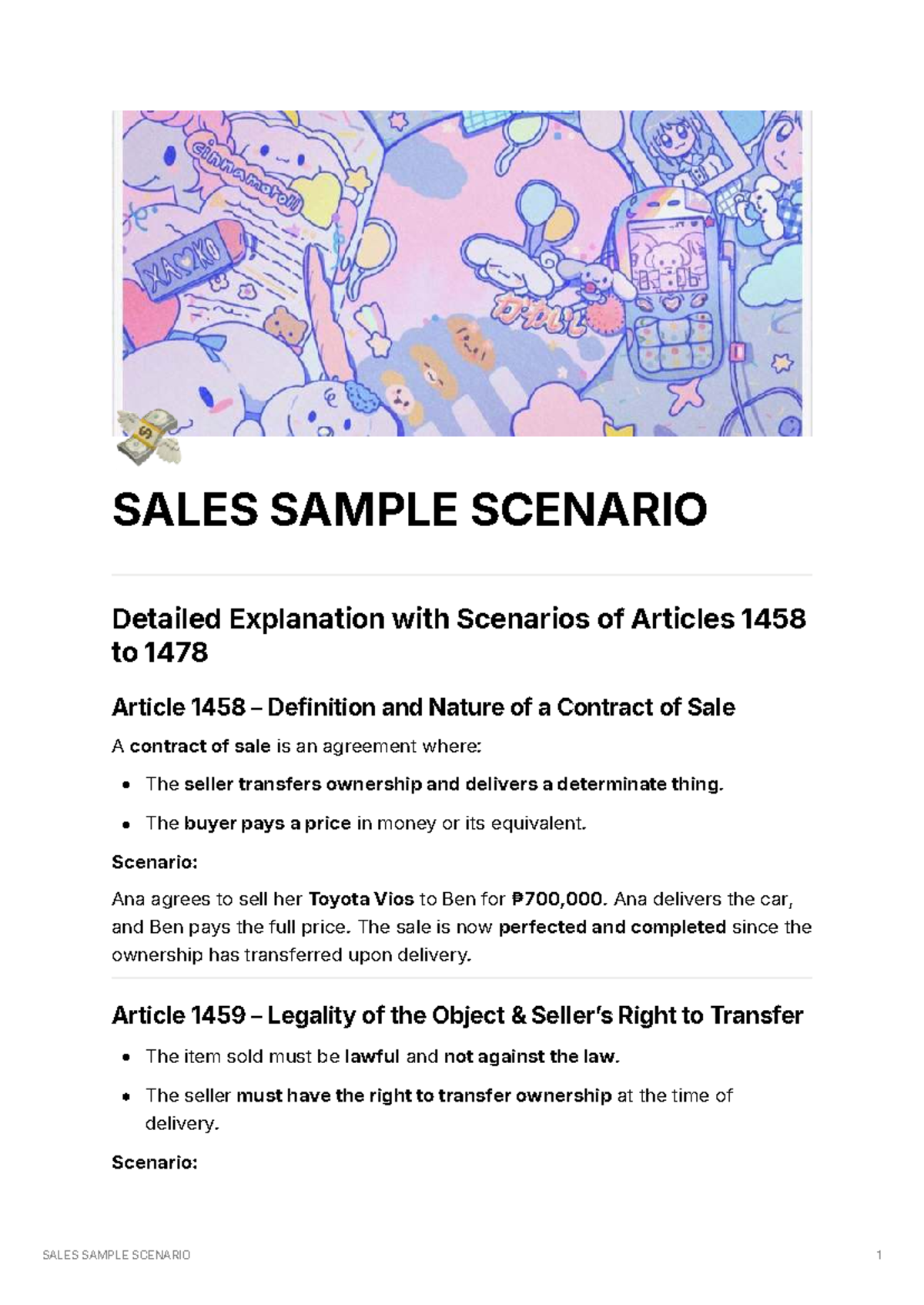 SALES SAMPLE SCENARIO: Articles 1458-1478 Explained with Examples - Studocu