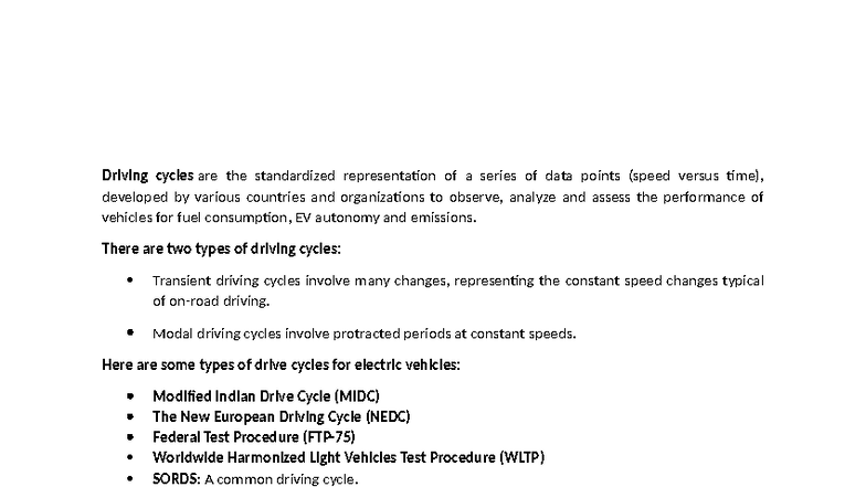 Driving Cycles for EVs: Analysis and Performance Insights - Studocu