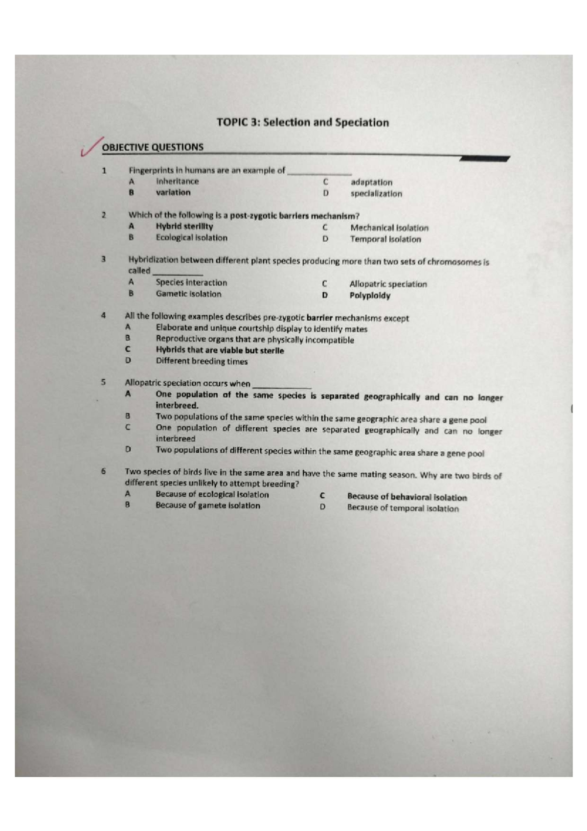 Chapter 3: Selection and Speciation Objective Questions and Answers ...