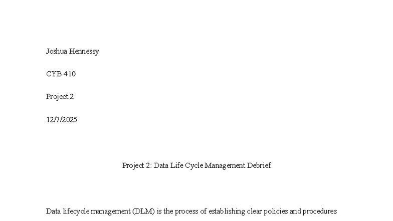 CYB 410 Project 2: Data Lifecycle Management Overview - Studocu
