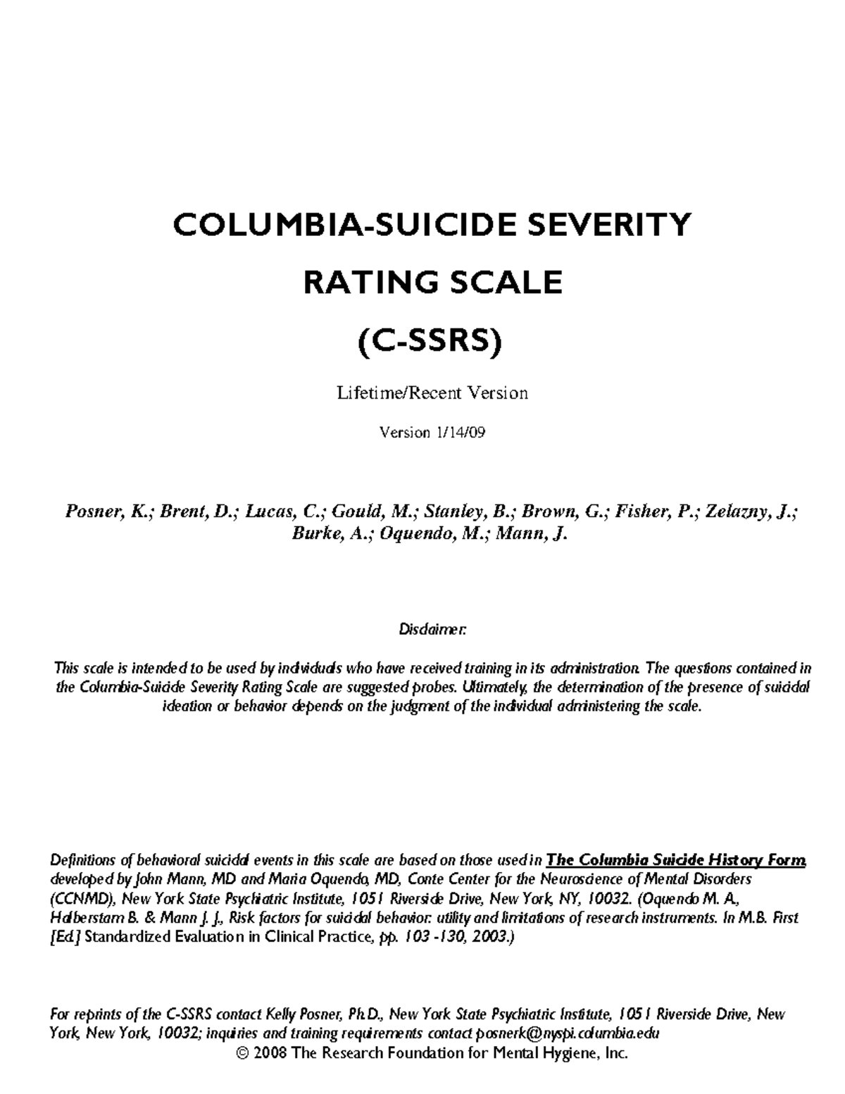 Revised Title: C-SSRS: Columbia-Suicide Severity Rating Scale Overview ...